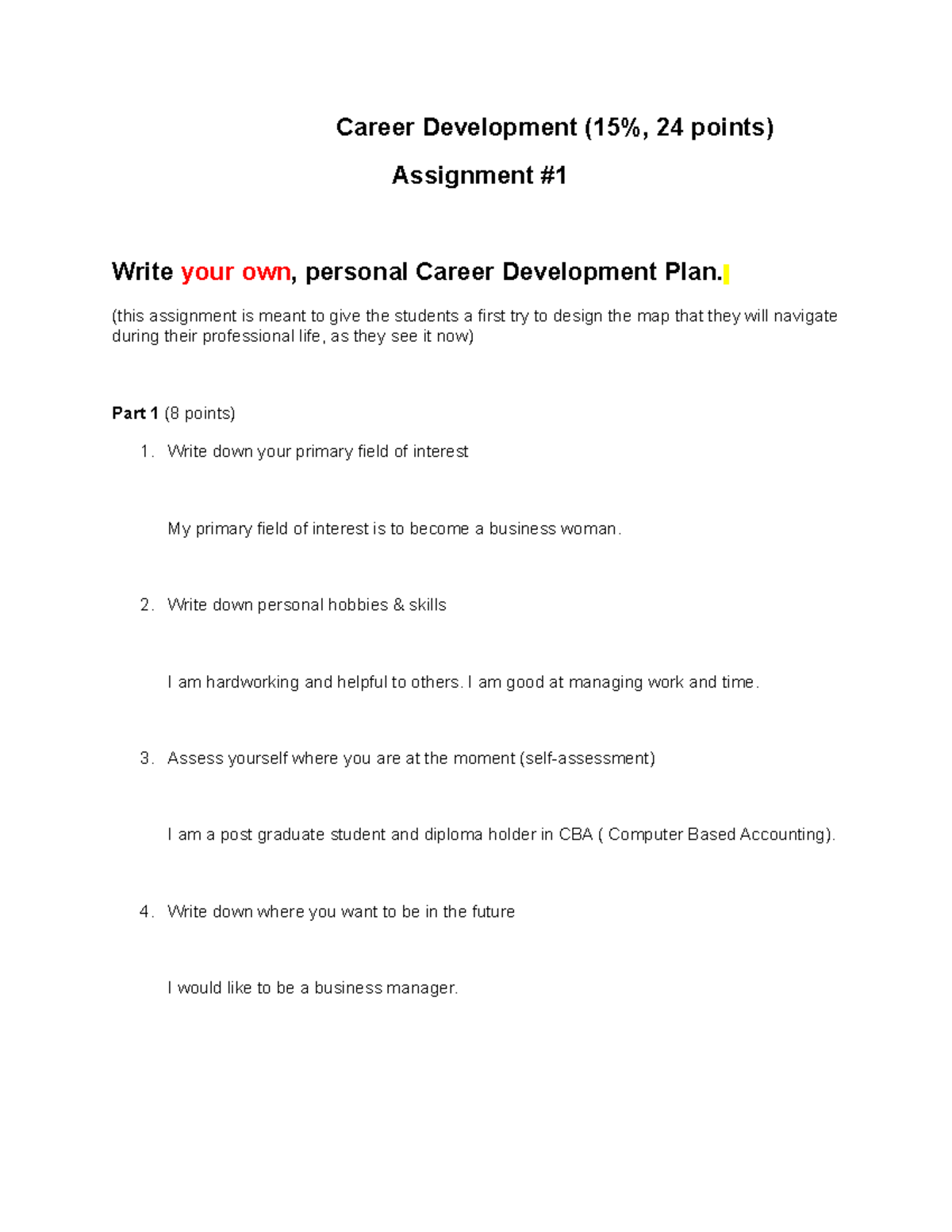 Career Development - Assignment #1 - Career Development (15%, 24 points ...