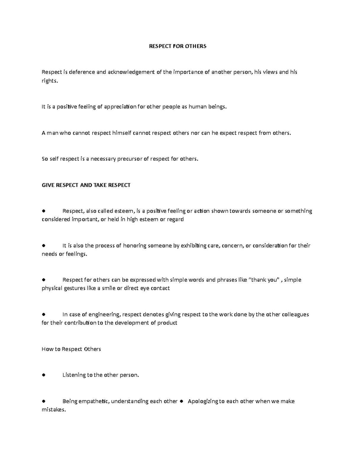 PE Module 1 note2 - RESPECT FOR OTHERS Respect is deference and ...