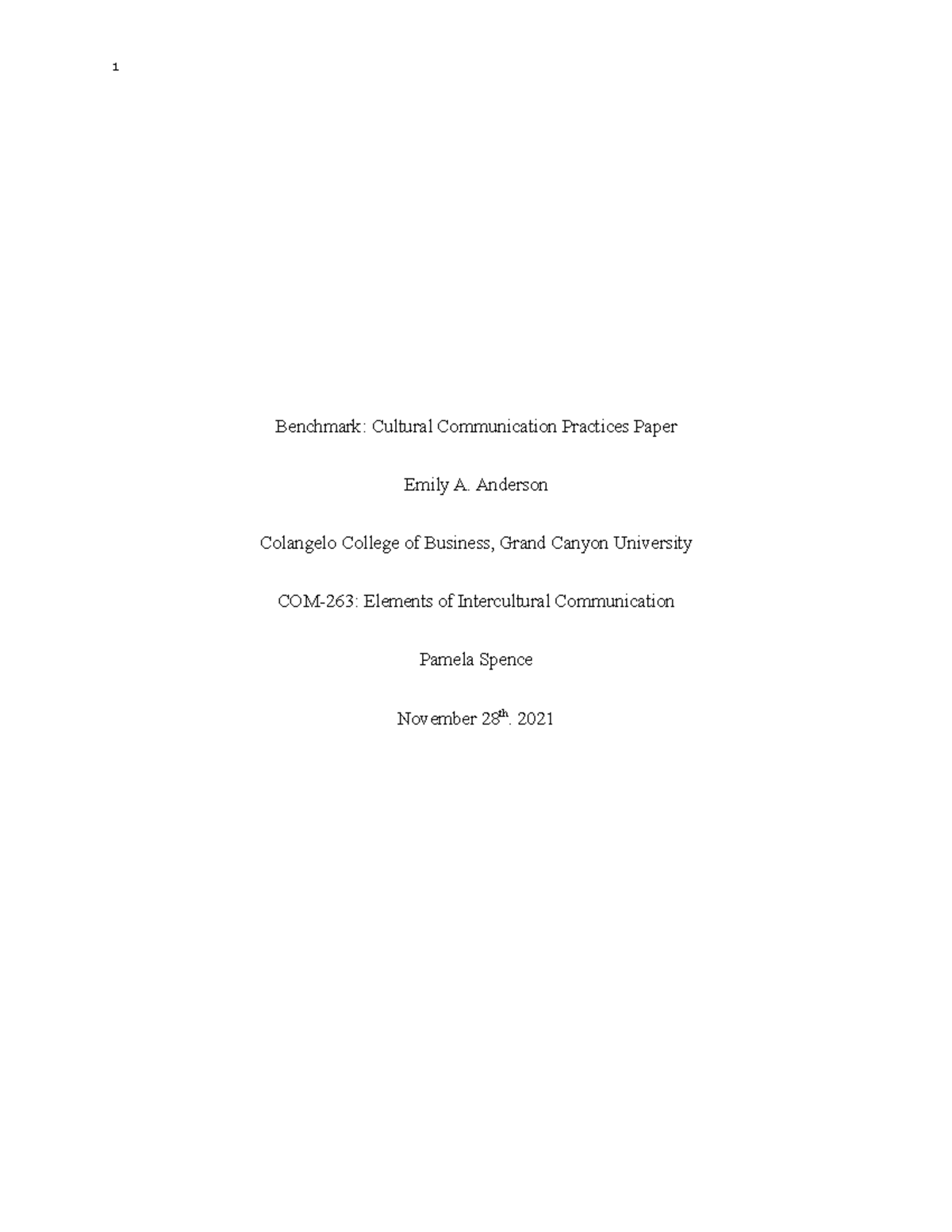 COM263 Cultural Communication Paper - Benchmark: Cultural Communication ...