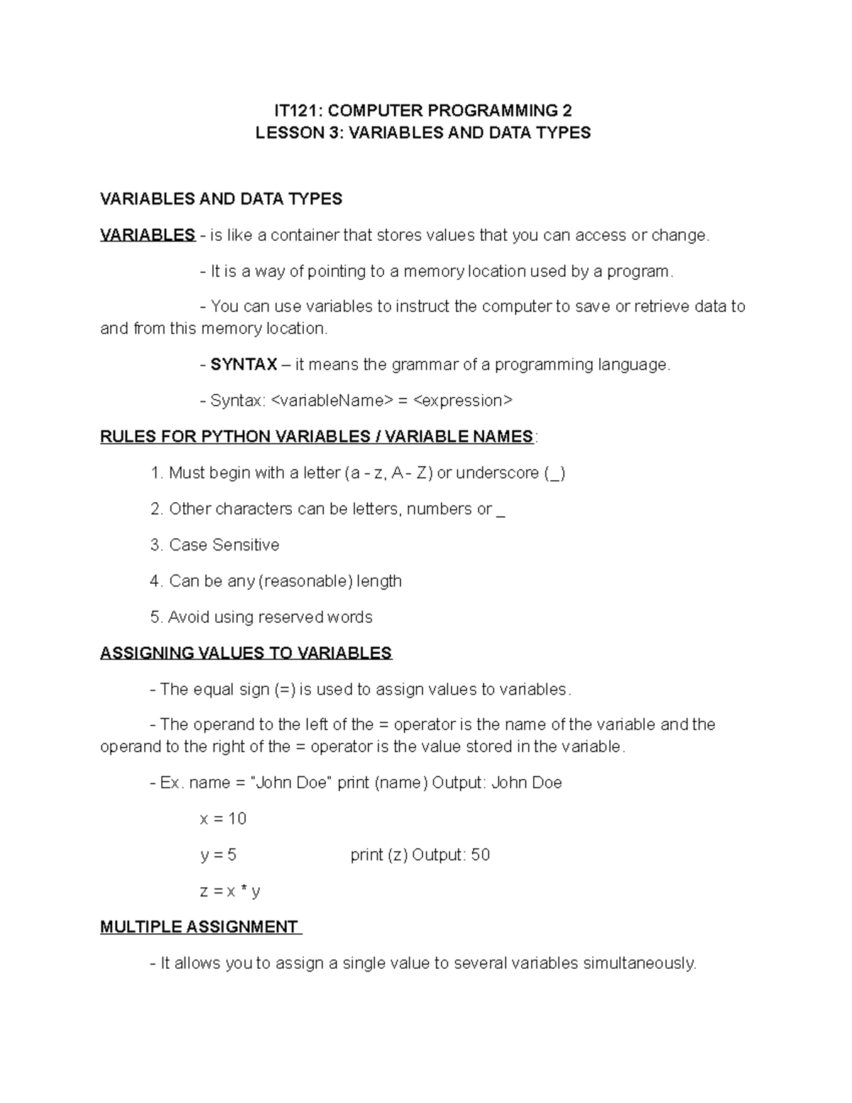 Variables And Data Type It121 Computer Programming 2 Lesson 3 Variables And Data Types