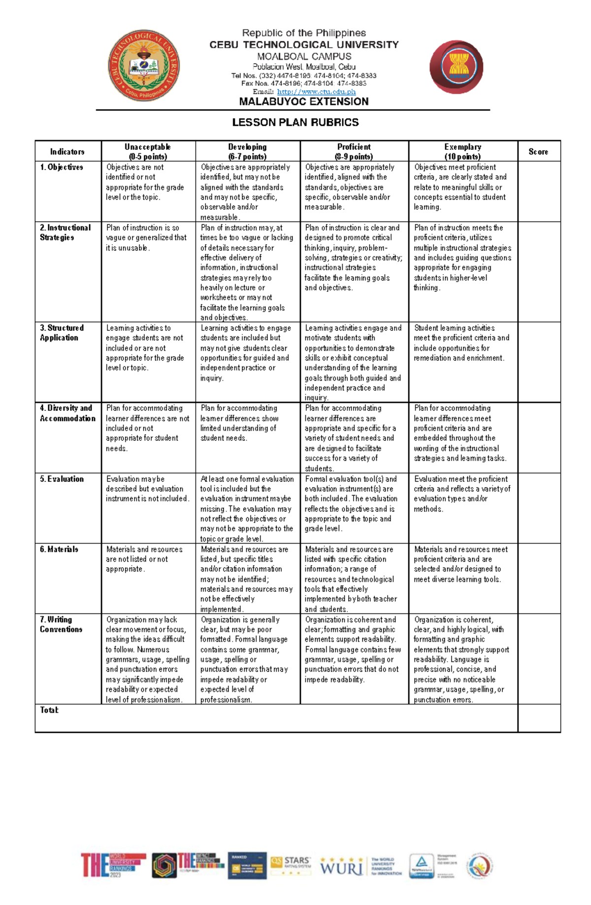 Rubrics for Lesson Planning and Teaching Demonstration - LESSON PLAN ...