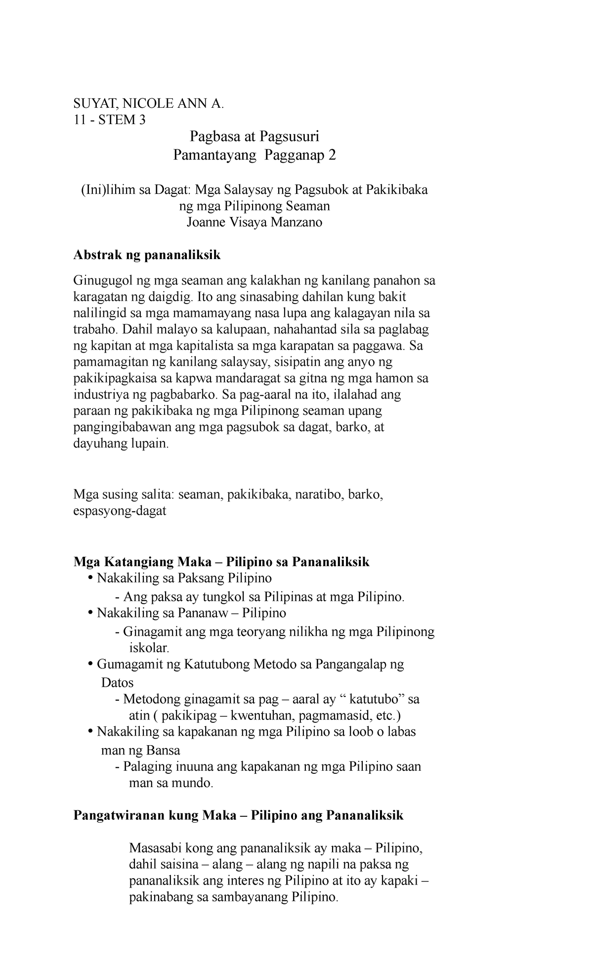 Pamantayang Pagganap 2 (pagbasa at pagsusuri) - SUYAT, NICOLE ANN A. 11 ...