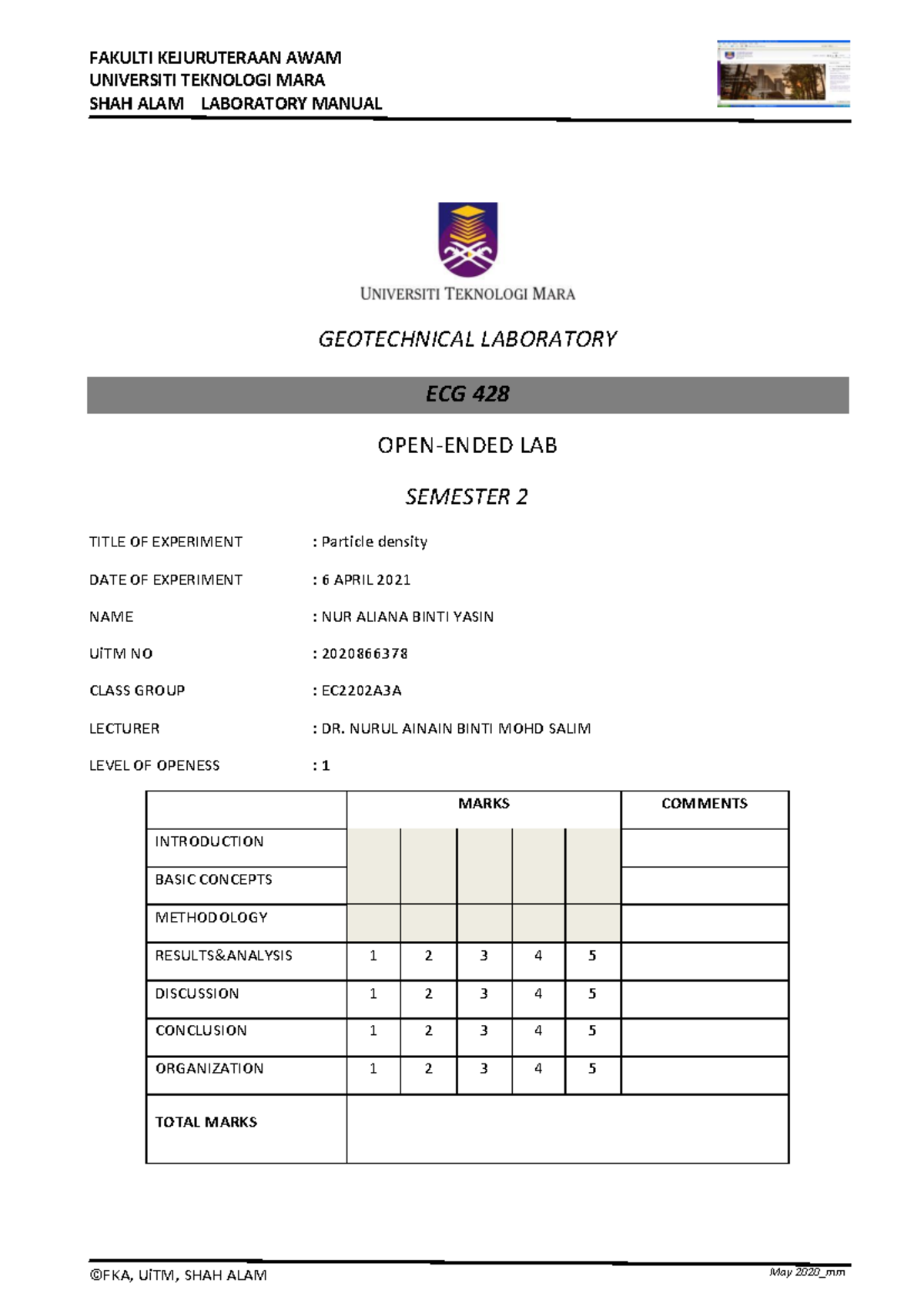 LAB2 (Particle Density Level 1) geotechnical laboratory-(Particle ...