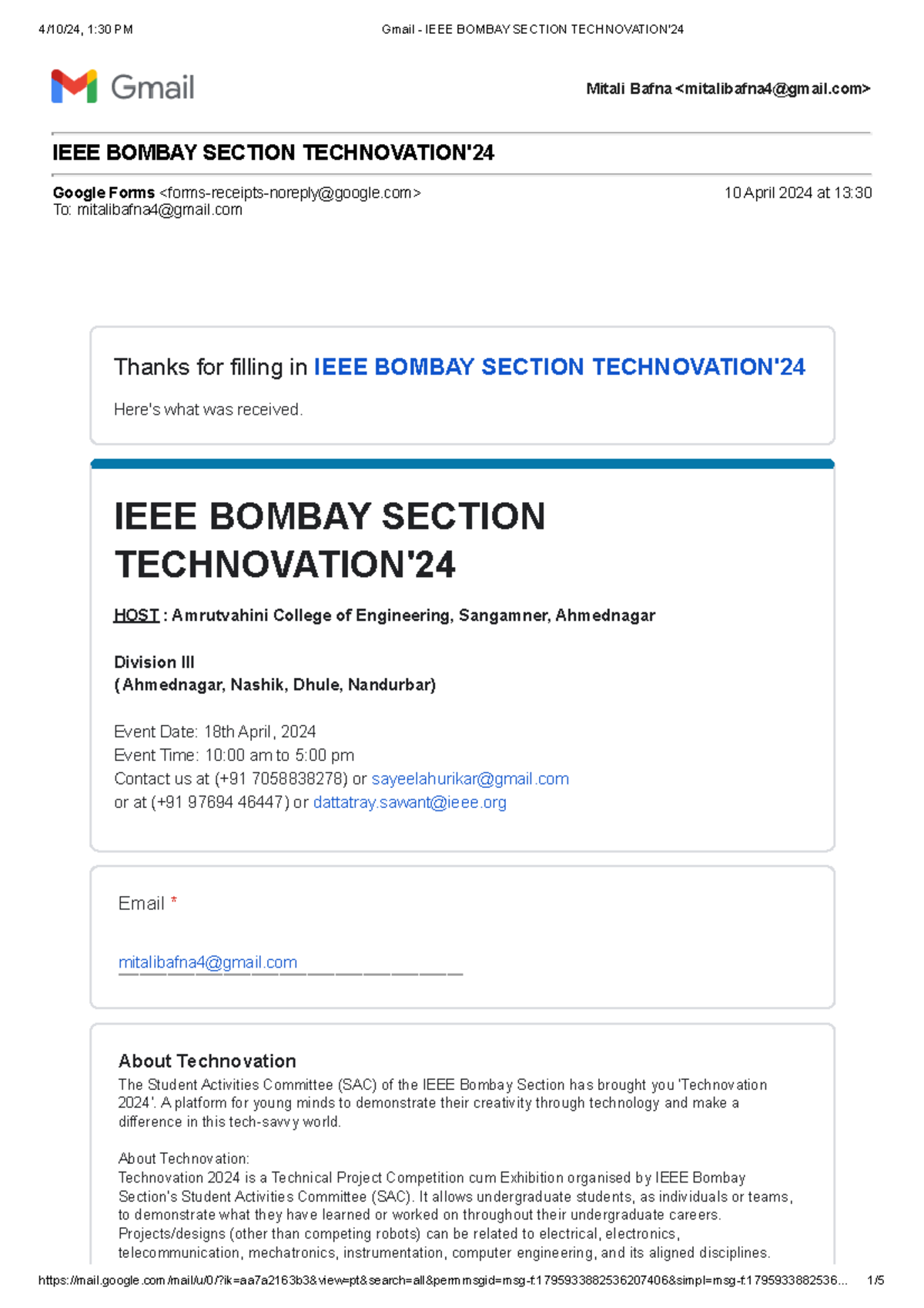 Gmail - IEEE Bombay Section Technovation'24 - Mitali Bafna IEEE BOMBAY - Studocu