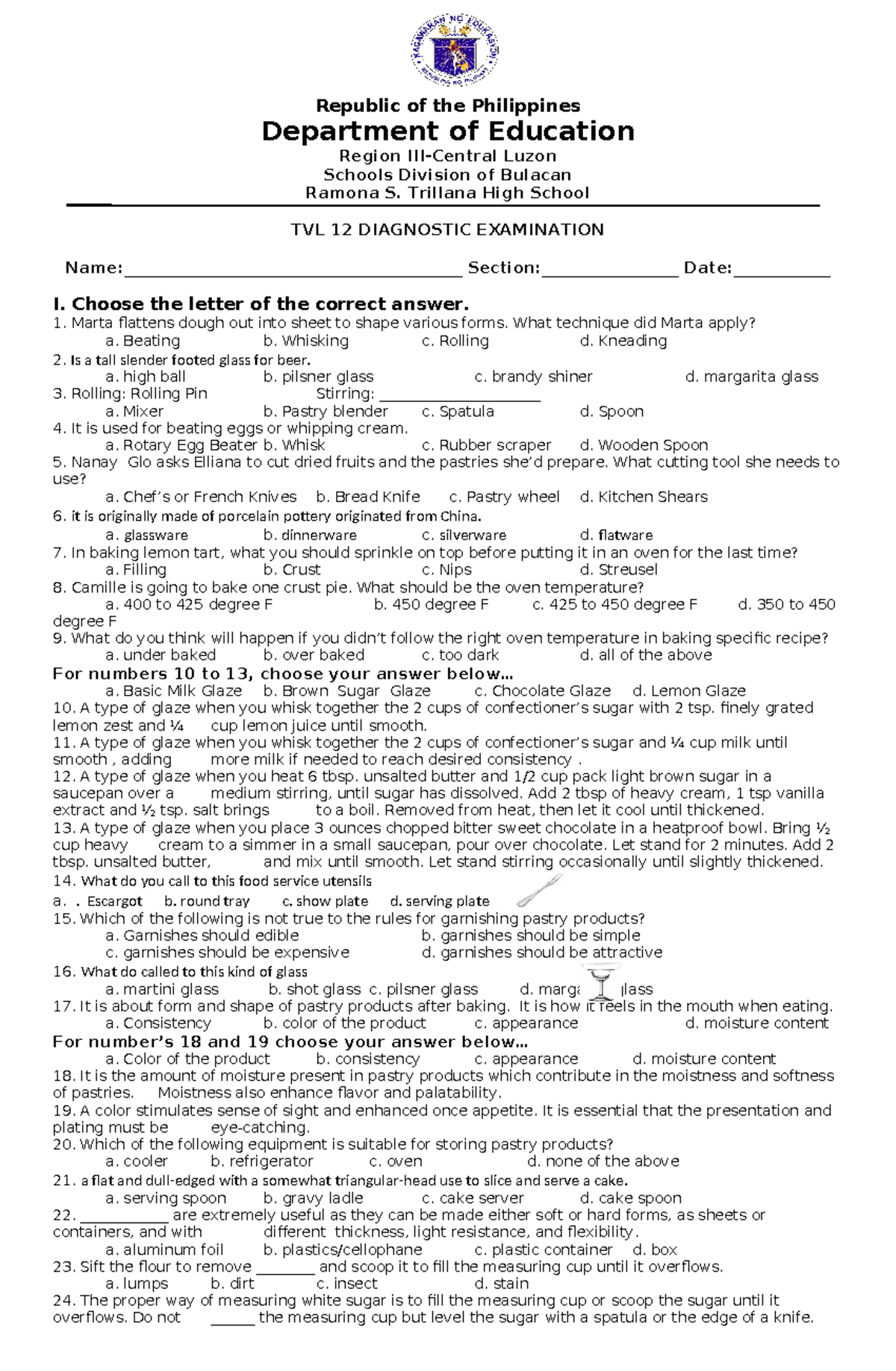 Diagnostic Test - Republic of the Philippines Department of Education ...