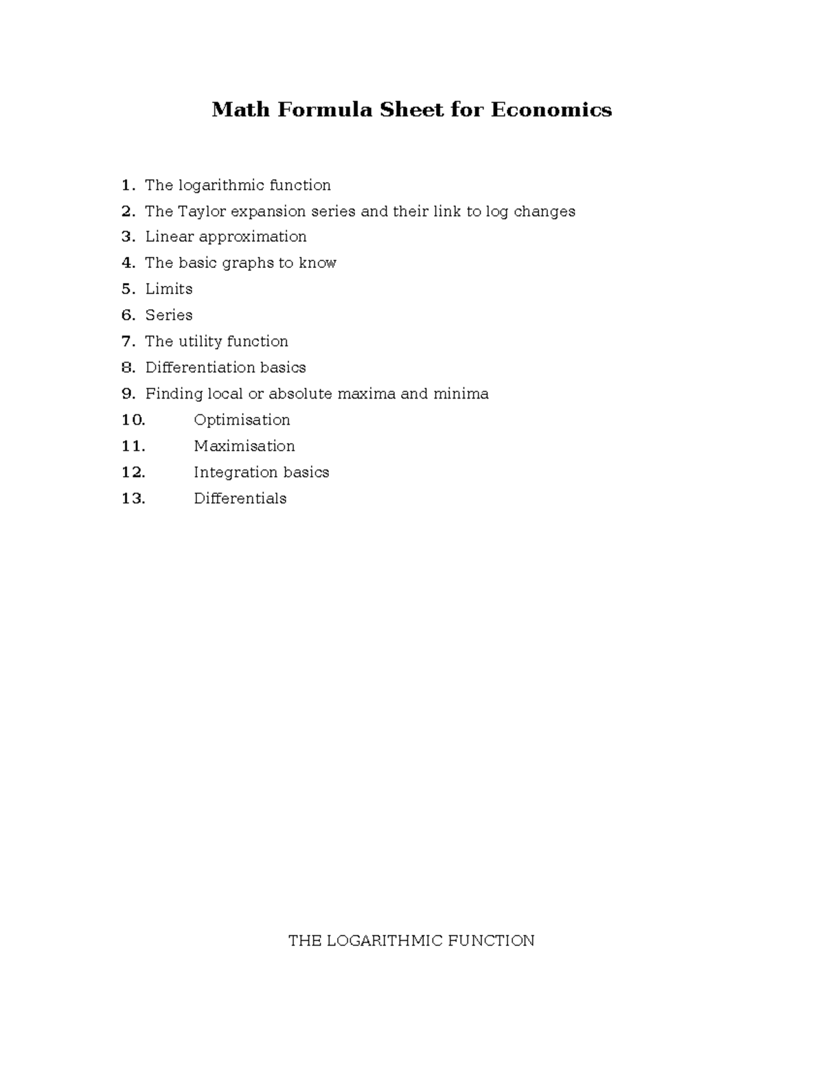 Math Formula Sheet - Using logs, we can approximate log a=a− 1 An ...