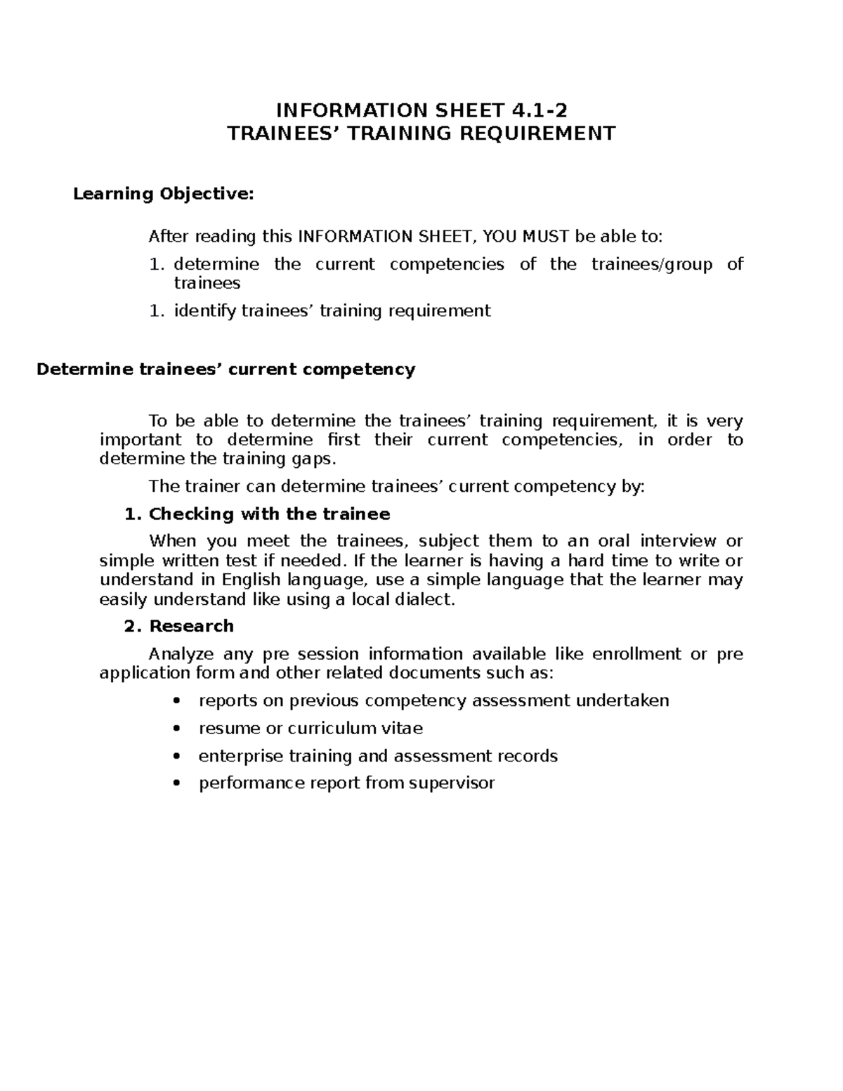 TM1 .Trainee Requirements. emjsmilE - INFORMATION SHEET 4- TRAINEES ...