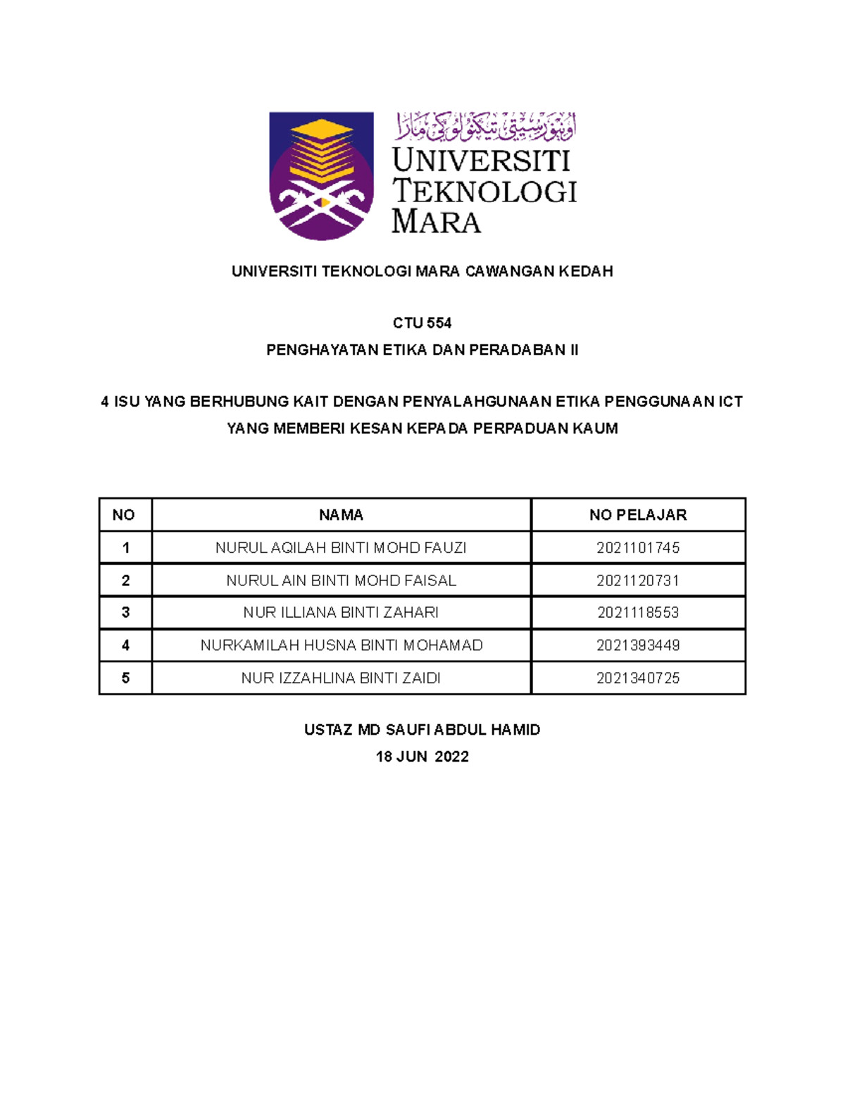 CTU Report - sdfghjkl - UNIVERSITI TEKNOLOGI MARA CAWANGAN KEDAH CTU ...
