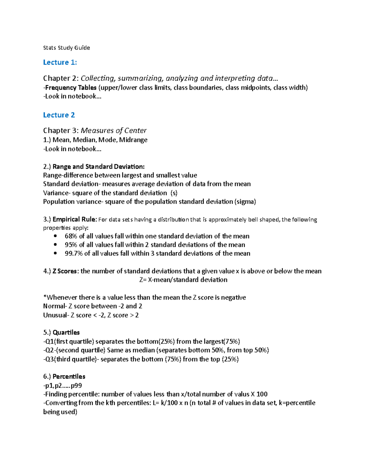 Stats Study Guide - ) Mean, Median, Mode, Midrange in 2.) Range and ...