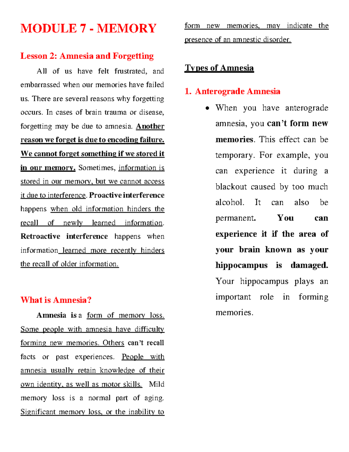 Module 7 - Lesson 2 - I hope it will help you. - MODULE 7 - MEMORY ...