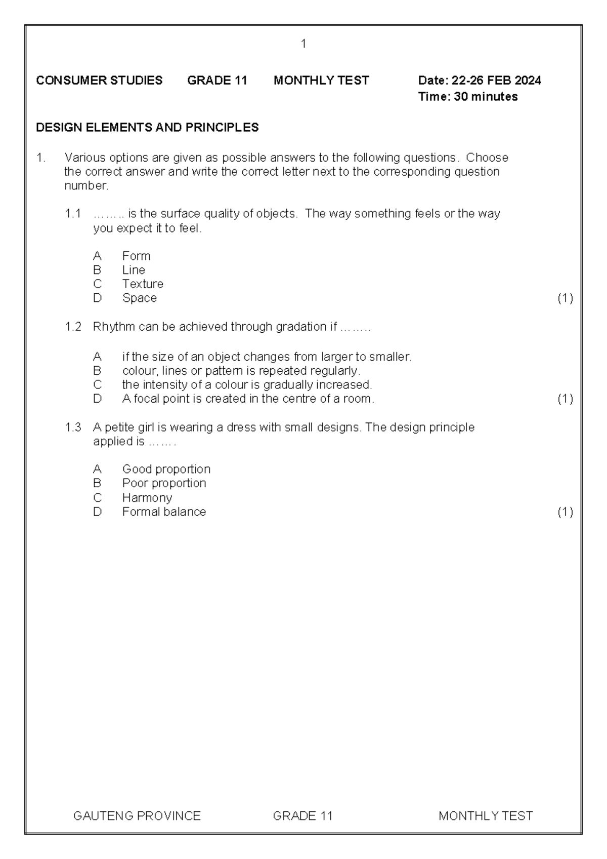 Design Element and Principle February Montly Test - CONSUMER STUDIES ... Design Element and Principle February Montly Test - CONSUMER STUDIES ...