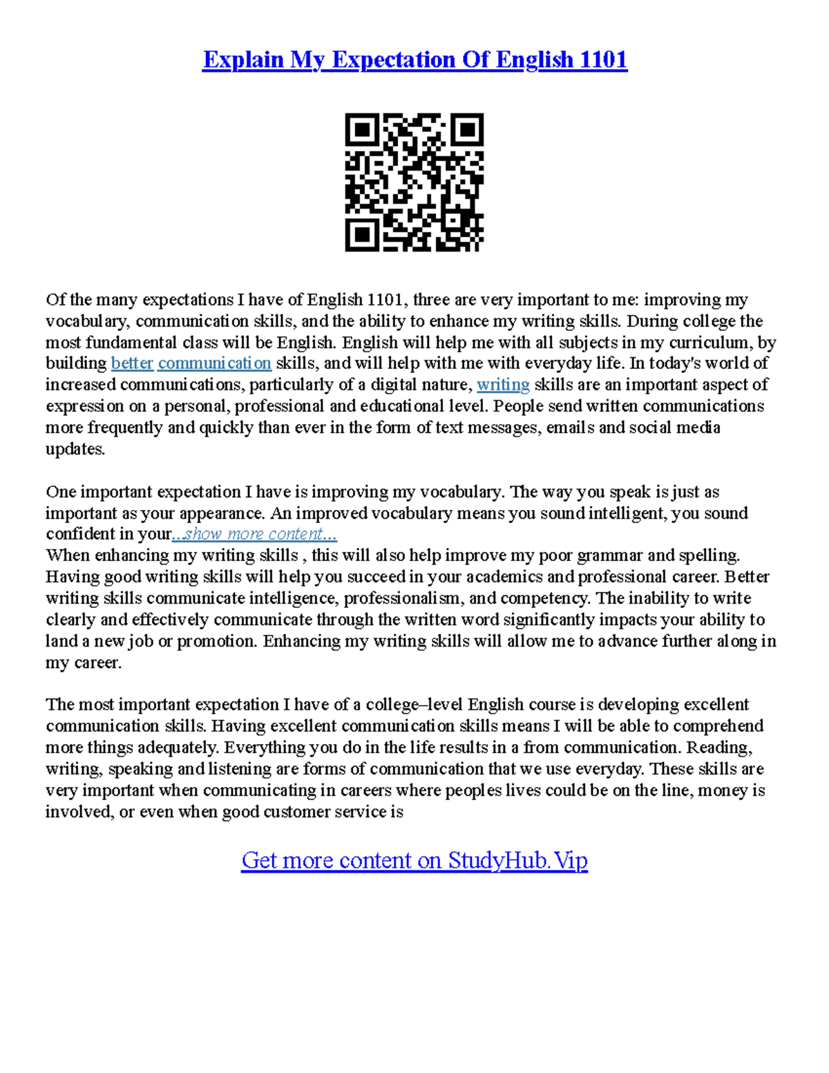 Topics English Essay - Explain My Expectation Of English 1101 Of the ...