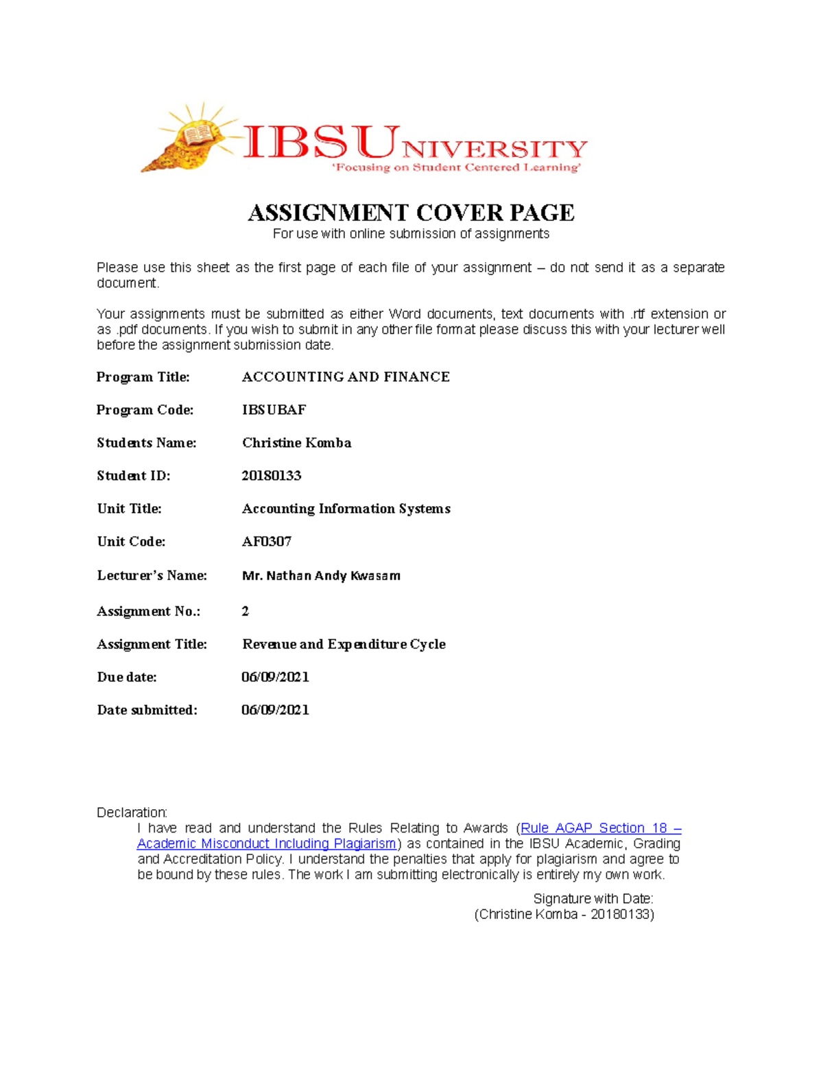 AIS Assignment on Revenue and Expenditure Cycle - ASSIGNMENT COVER PAGE ...