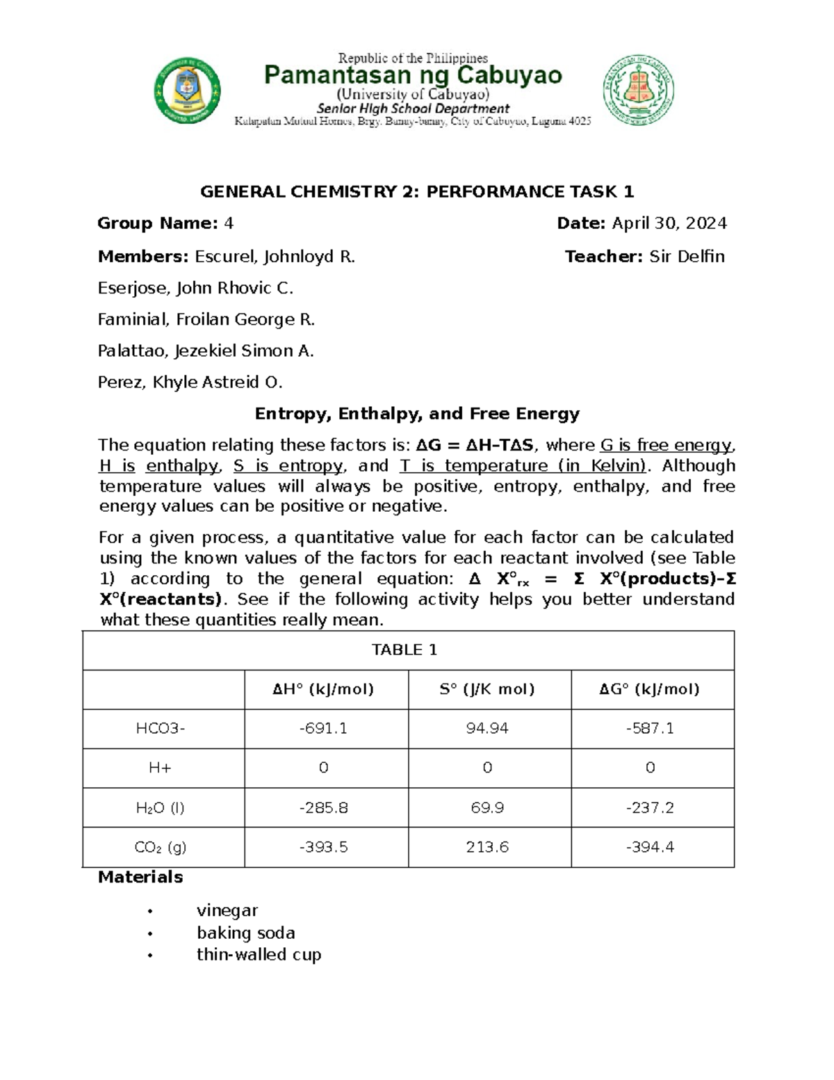 Genchem 2 PT1 4 Thquarter-1 - GENERAL CHEMISTRY 2: PERFORMANCE TASK 1 ...