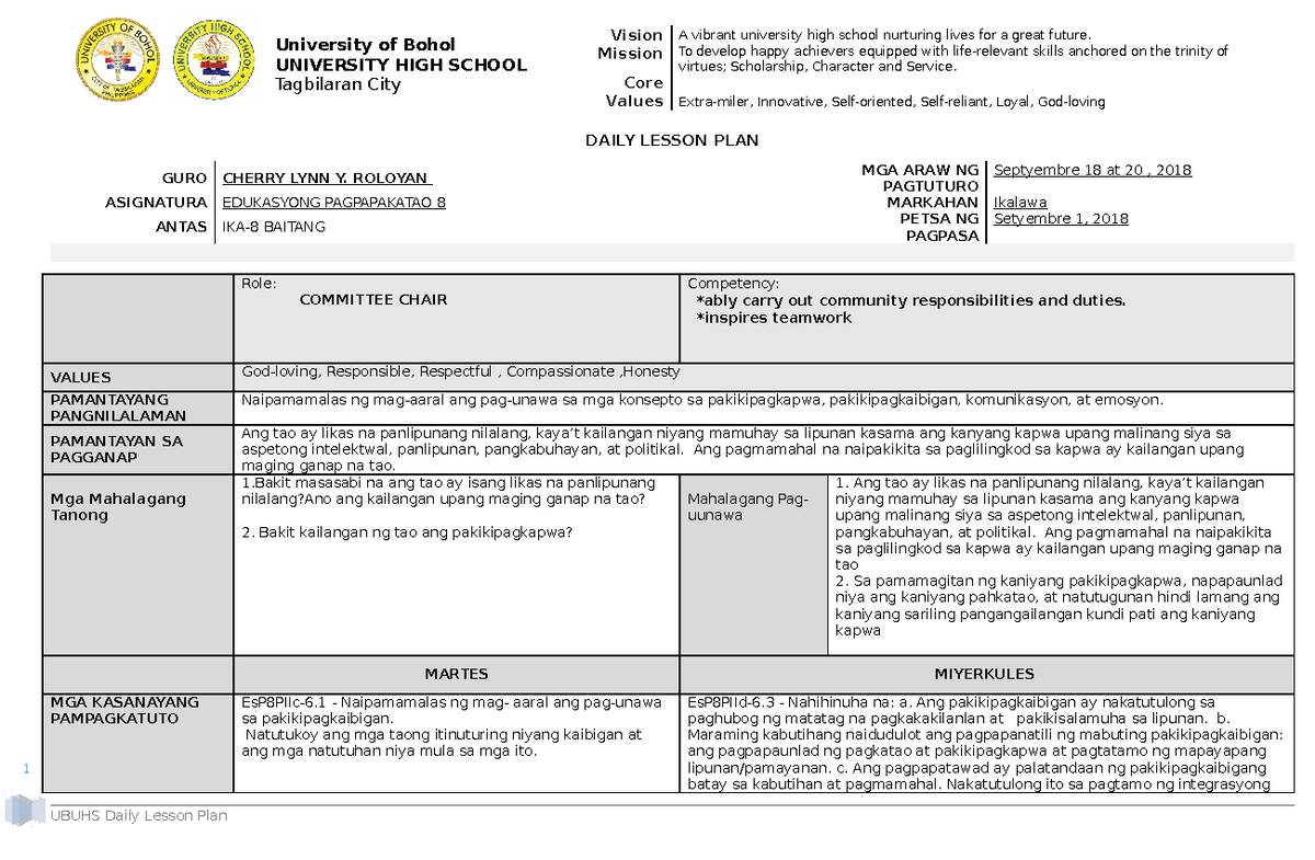 Week 14 - A Lesson Plan for Edukasyon sa Pagpapakatao - 1 DAILY LESSON ...