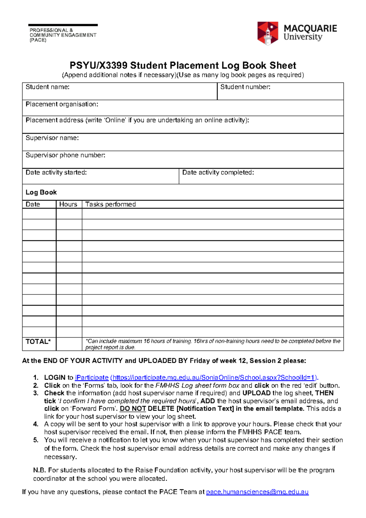 Activity Log-Book Sheet - PROFESSIONAL & COMMUNITY ENGAGEMENT (PACE ...
