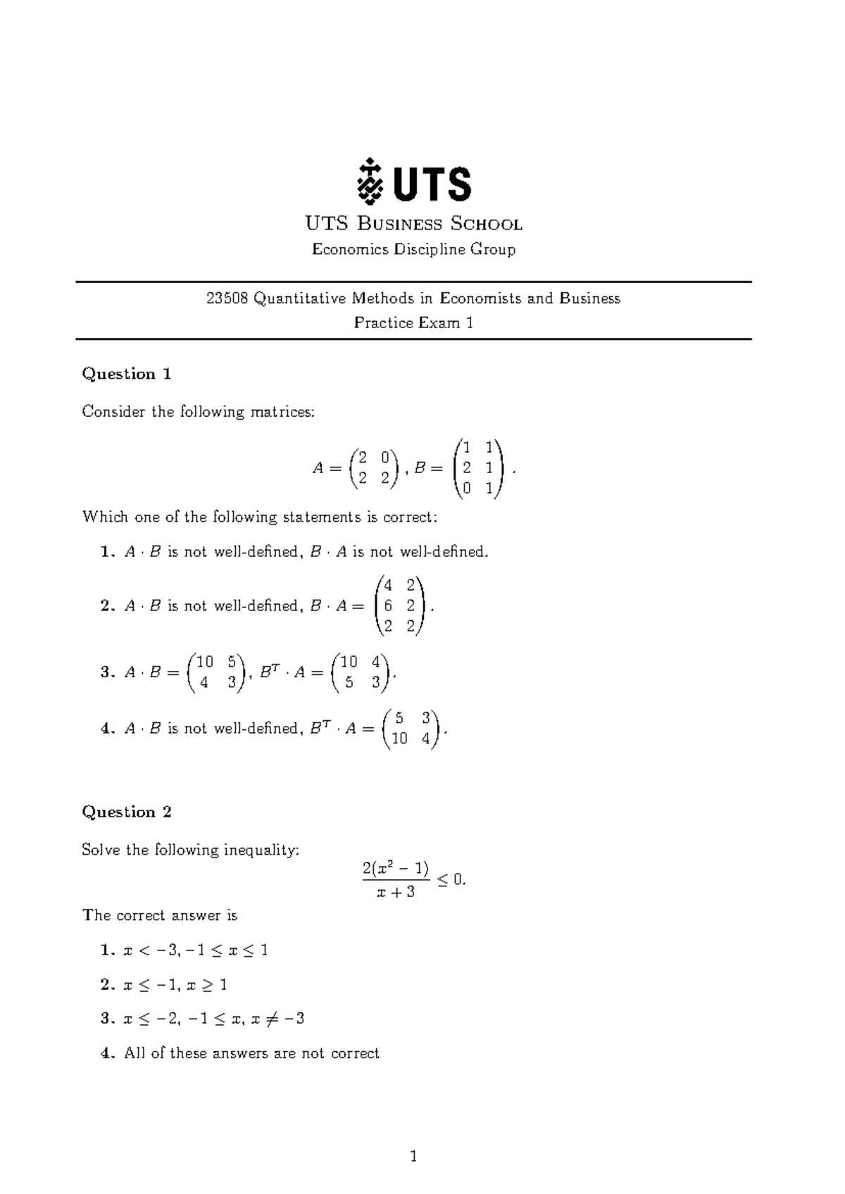 23508 Quantitative Methods in Economists and Business Practice Exam - Which one of the following ...