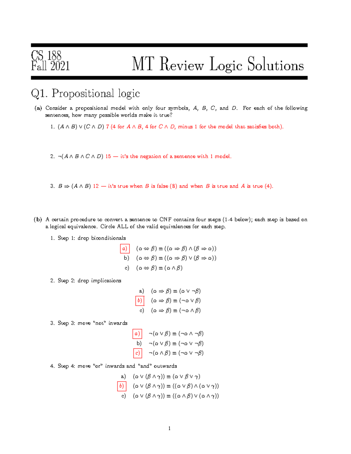 Mt logic solution - CS 188 Fall 2021 MT Review Logic Solutions Q1 ...