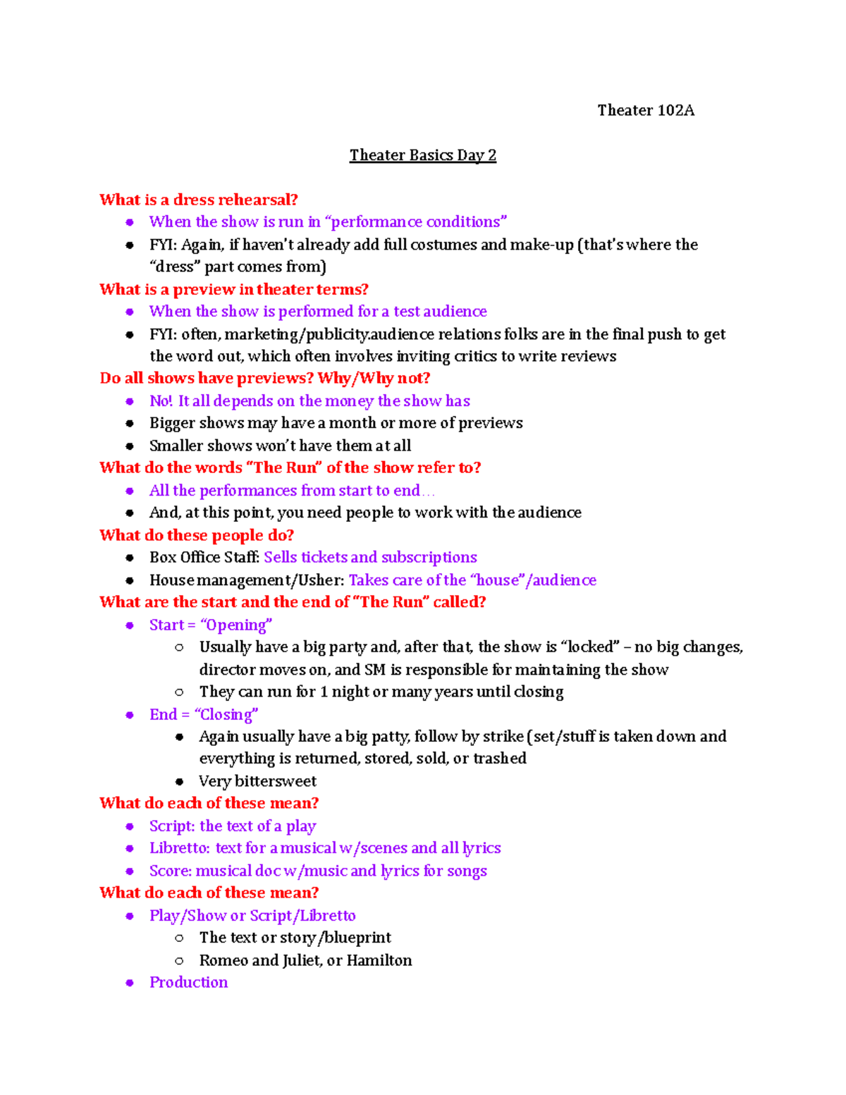 Thea 102 - Basics Day 2 - Notes taken with Professor Elliot. Most of ...