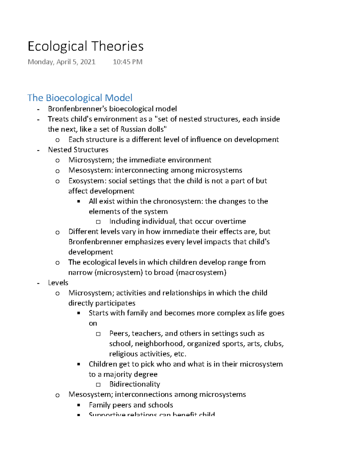 Ecological Theories - Ganger - The Bioecological Model Bronfenbrenner's ...
