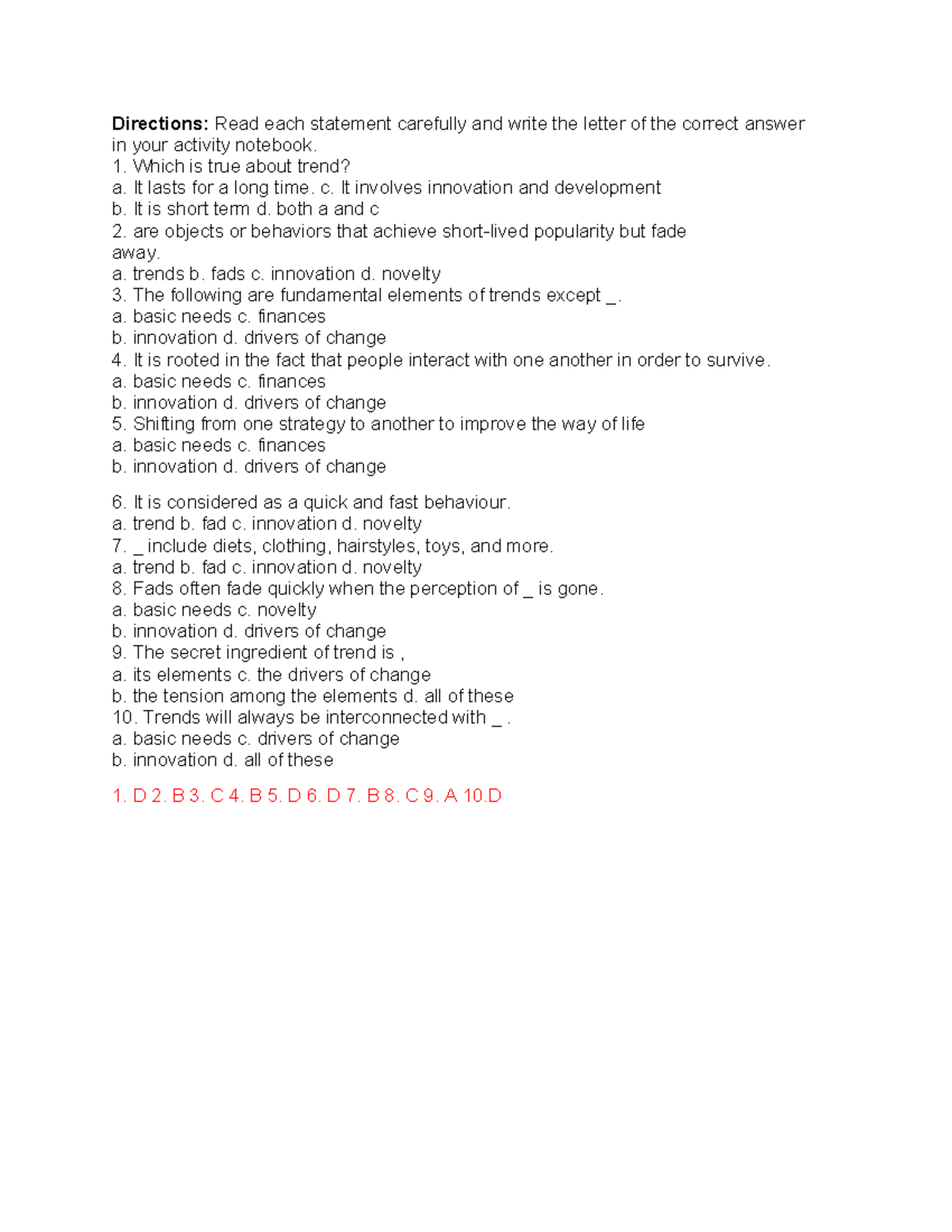 Trends quiz 1 with answer key - Directions: Read each statement ...