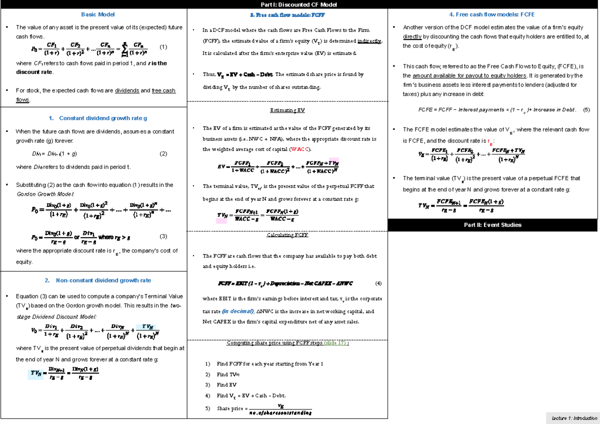 Corp finance - Weekly lecture summaries - Part I: Discounted CF Model ...