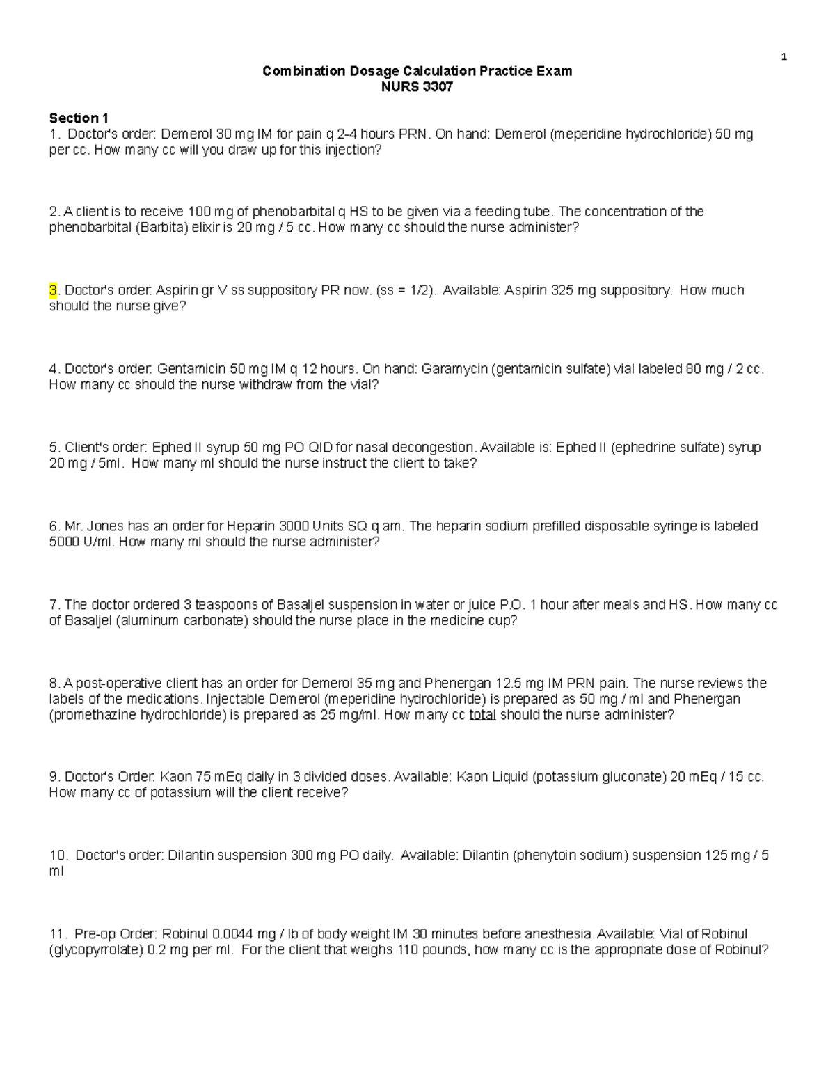 Combination Dosage Calculation Practice Exam and Answers,corrected ...