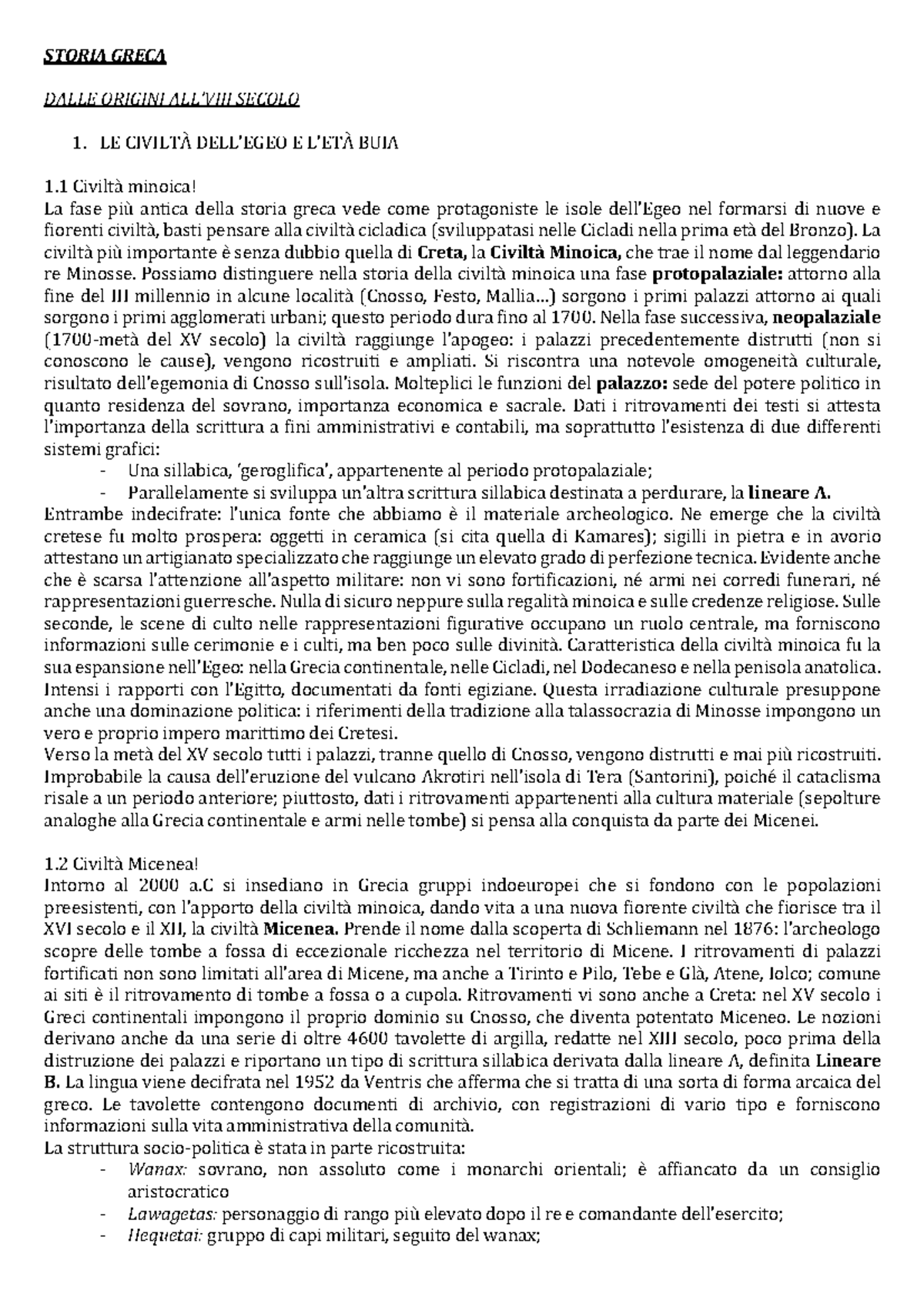 Storia Greca - STORIA GRECA DALLE ORIGINI ALL’VIII SECOLO 1. LE CIVILTÀ ...