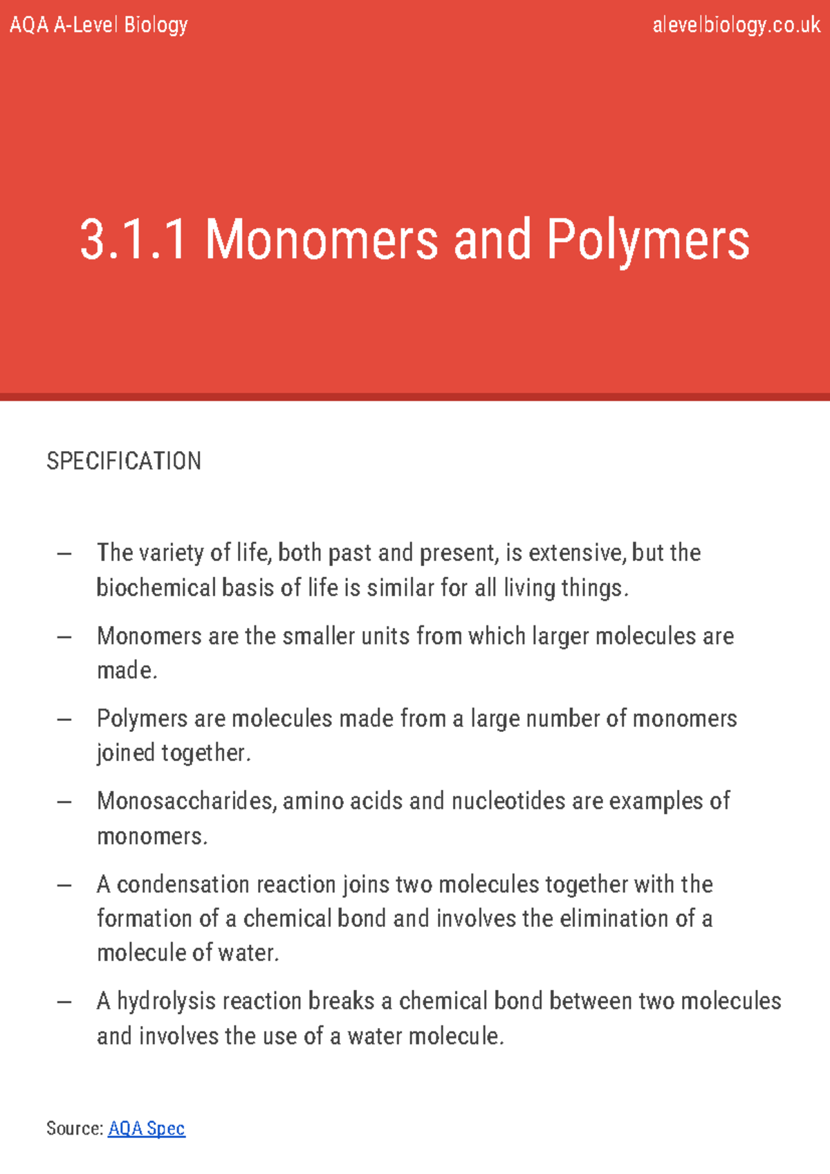 AQA AS Biology 3.1.1 - Monomers and Polymers - AQA A-Level Biology ...