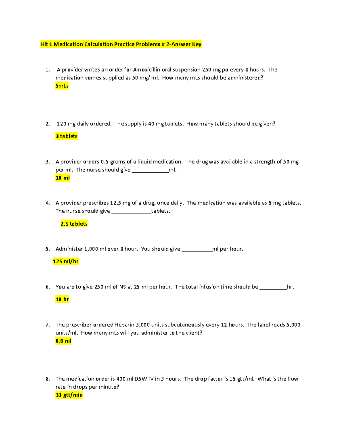 2-Hit 1 Medication Calculation Practice Problems- Answer Key - Hit 1 ...