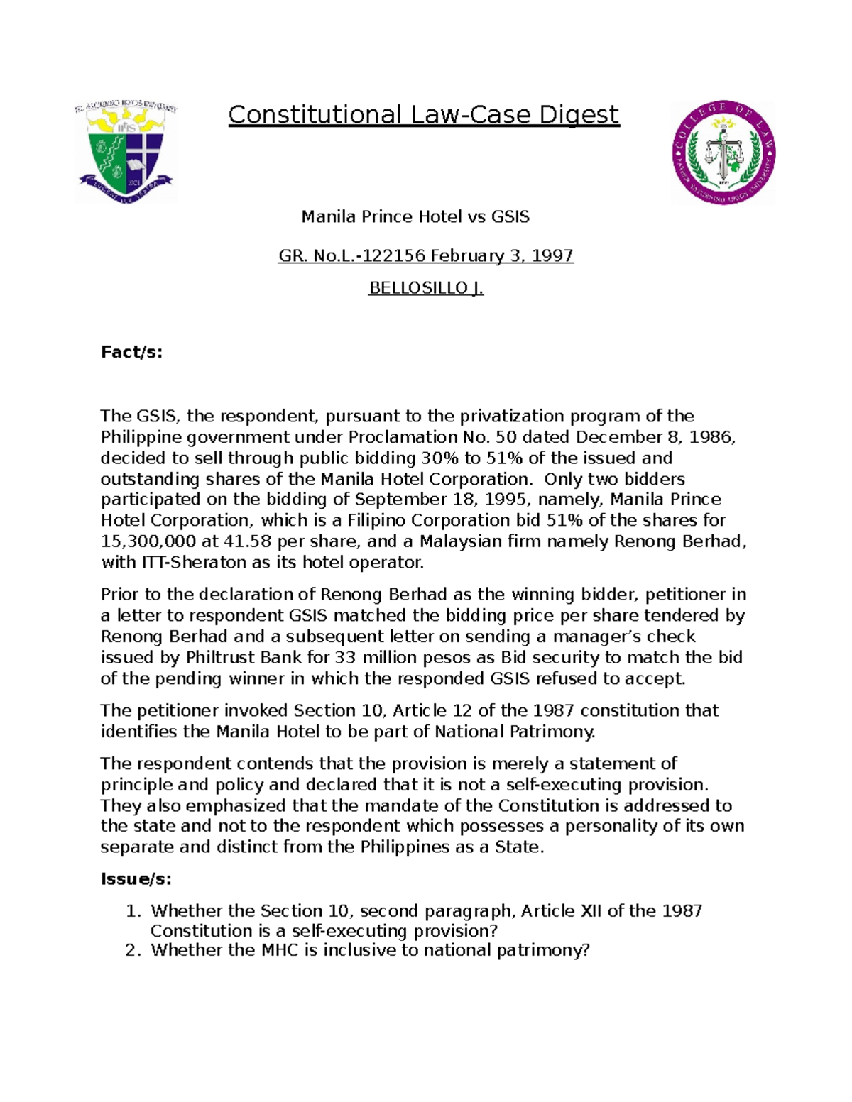 CASE Digest - Manila Prince Hotel vs GSIS - Constitutional Law-Case ...