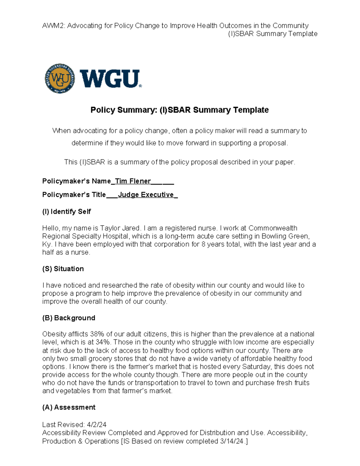 D025 Isbar-Taylor Jared - AWM2: Advocating for Policy Change to Improve Health Outcomes in the ...