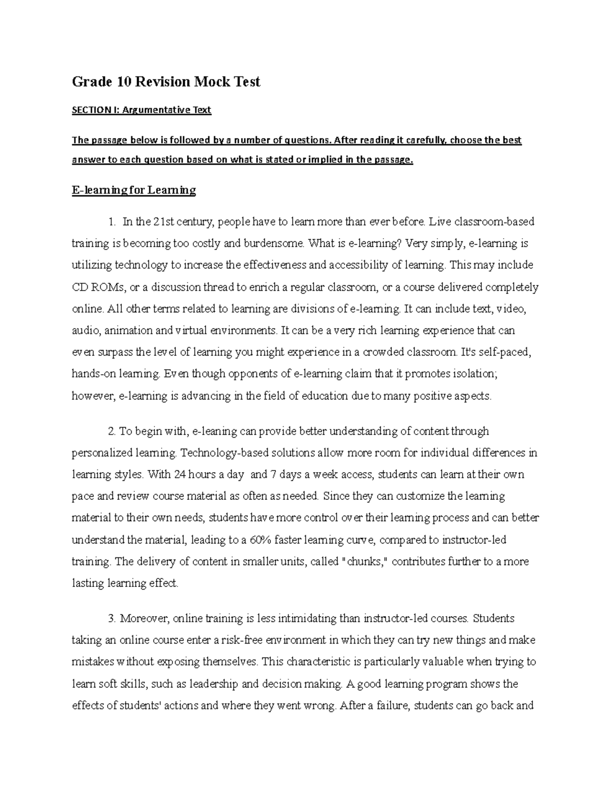 Grade 10 Revision Exam - Grade 10 Revision Mock Test SECTION I ...