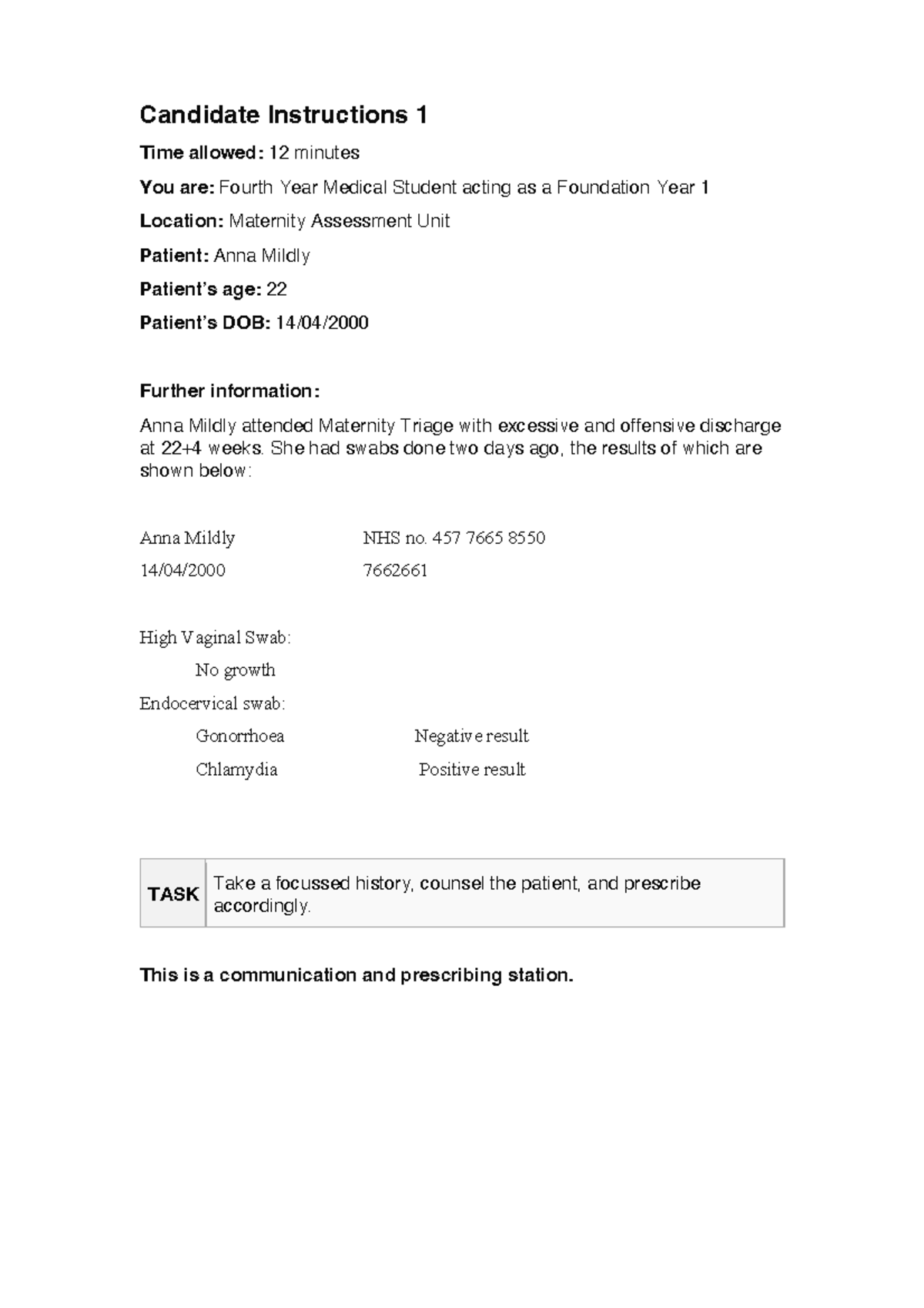 Obstetric Mini OSCE Final (1) (1) - Candidate Instructions 1 Time ...