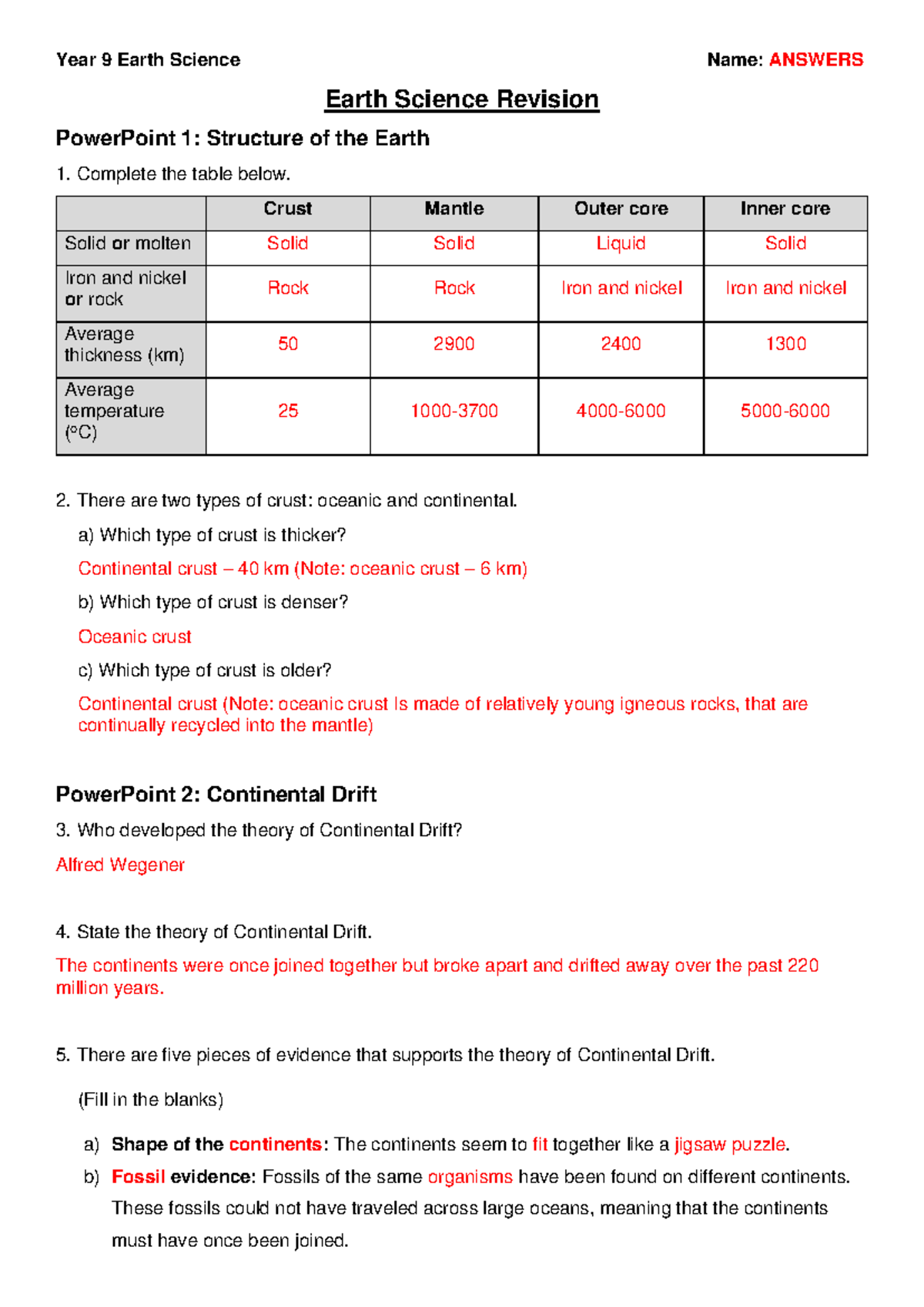 20b Earth Science Test Revision Answers - Year 9 Earth Science Name ...