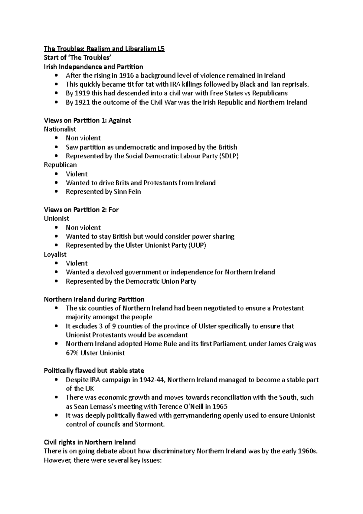 The Troubles L5 - The Troubles; Realism and Liberalism L Start of ‘The ...