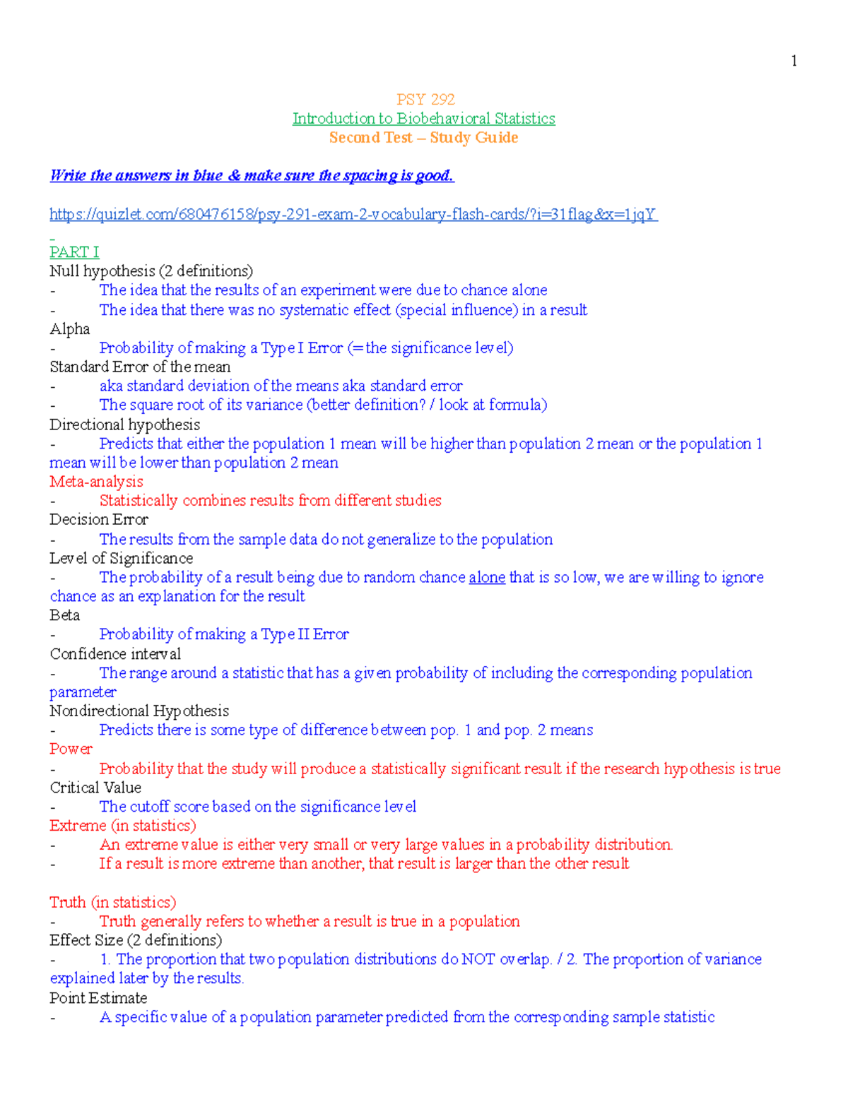 Aron Stats Test 2 Study Guide - PSY 292 Introduction to Biobehavioral ...