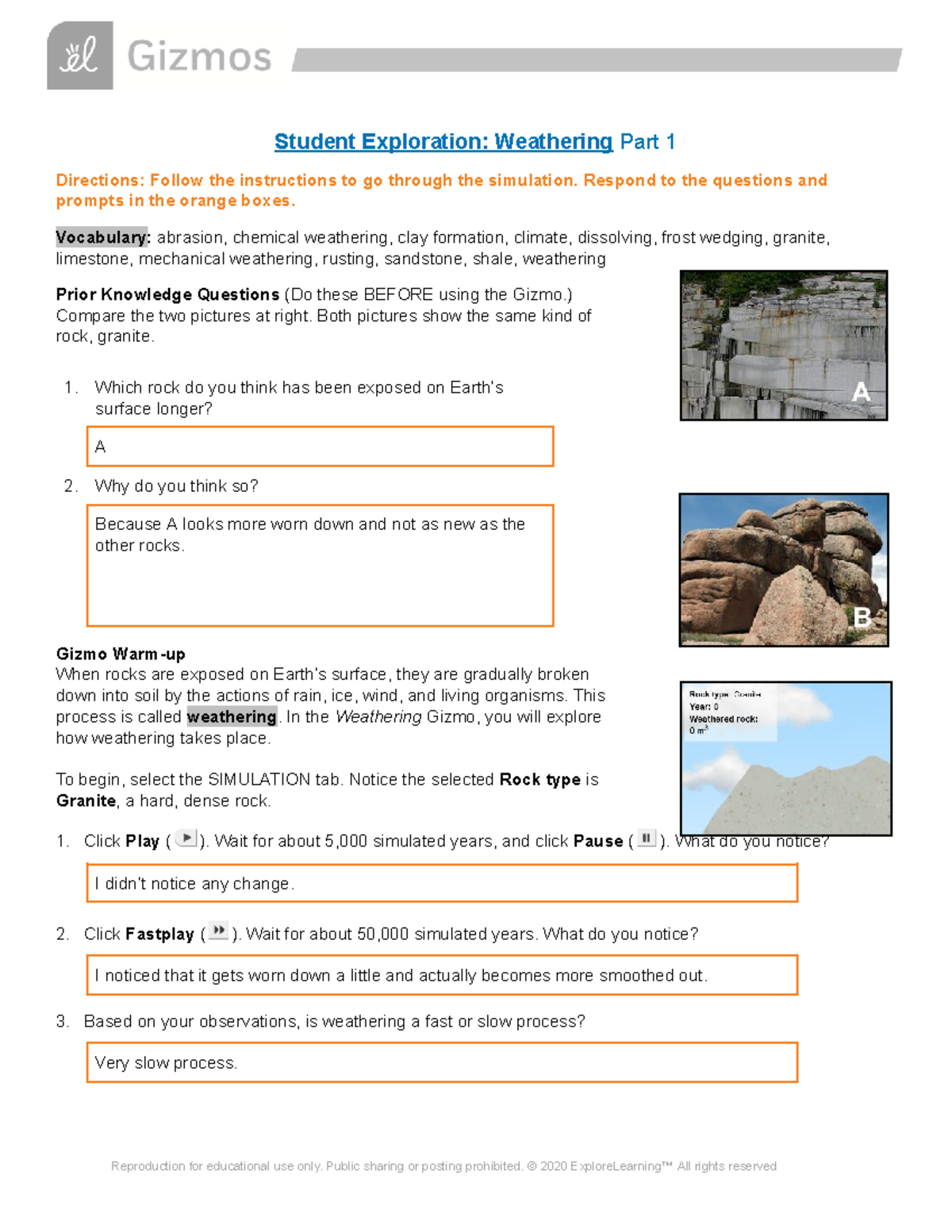 Weathering SE part 1 - Student Exploration: Weathering Part 1 ...