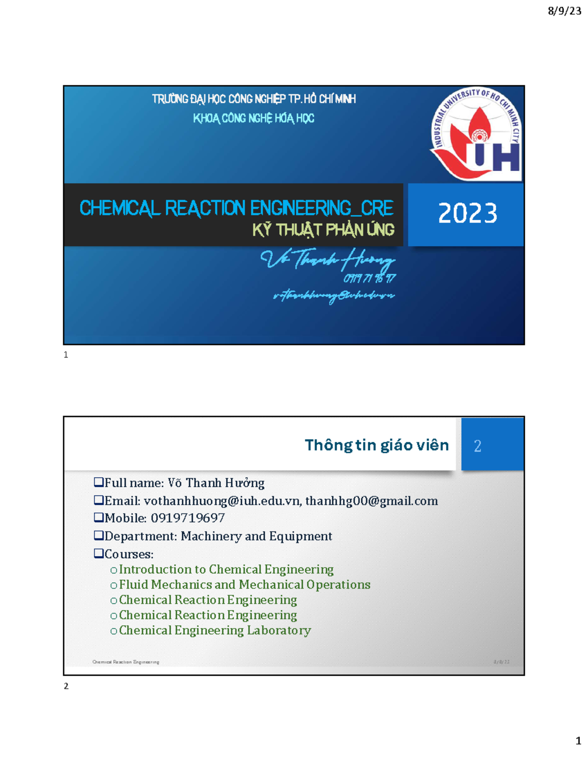2023 CRE C0 - gdgdg - Chemical Reaction Engineering_CRE KỸ THUẬT PHẢN ...