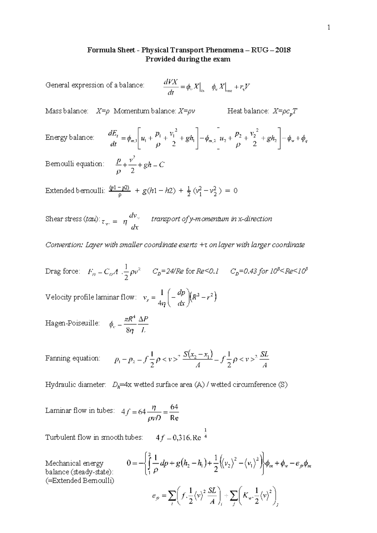 Formula Sheet FD 2019 - 1 Formula Sheet - Physical Transport Phenomena ...