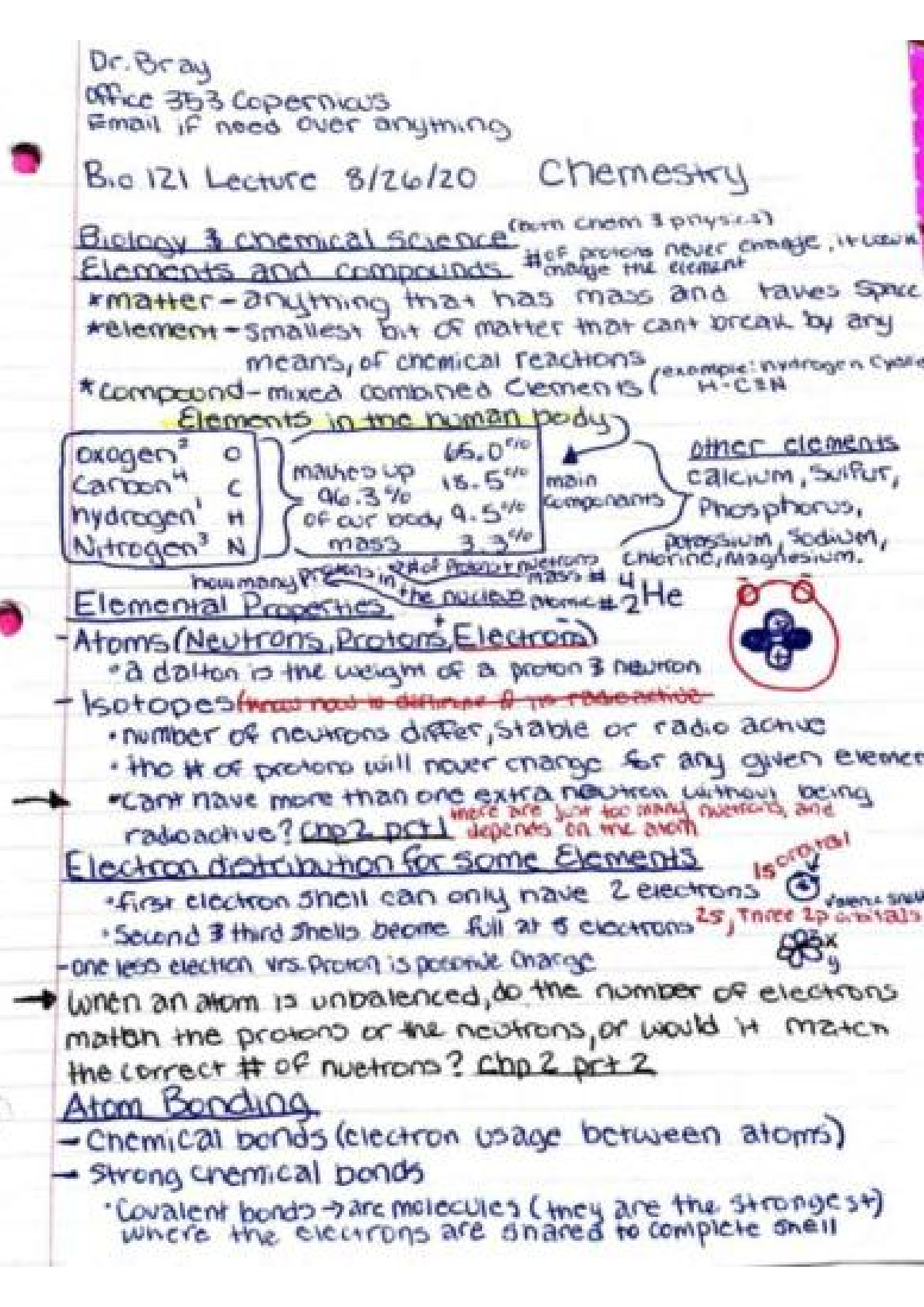 Chemistry- NOTE Taking - Dr. Bray office 353 Copernious Email if necc ...