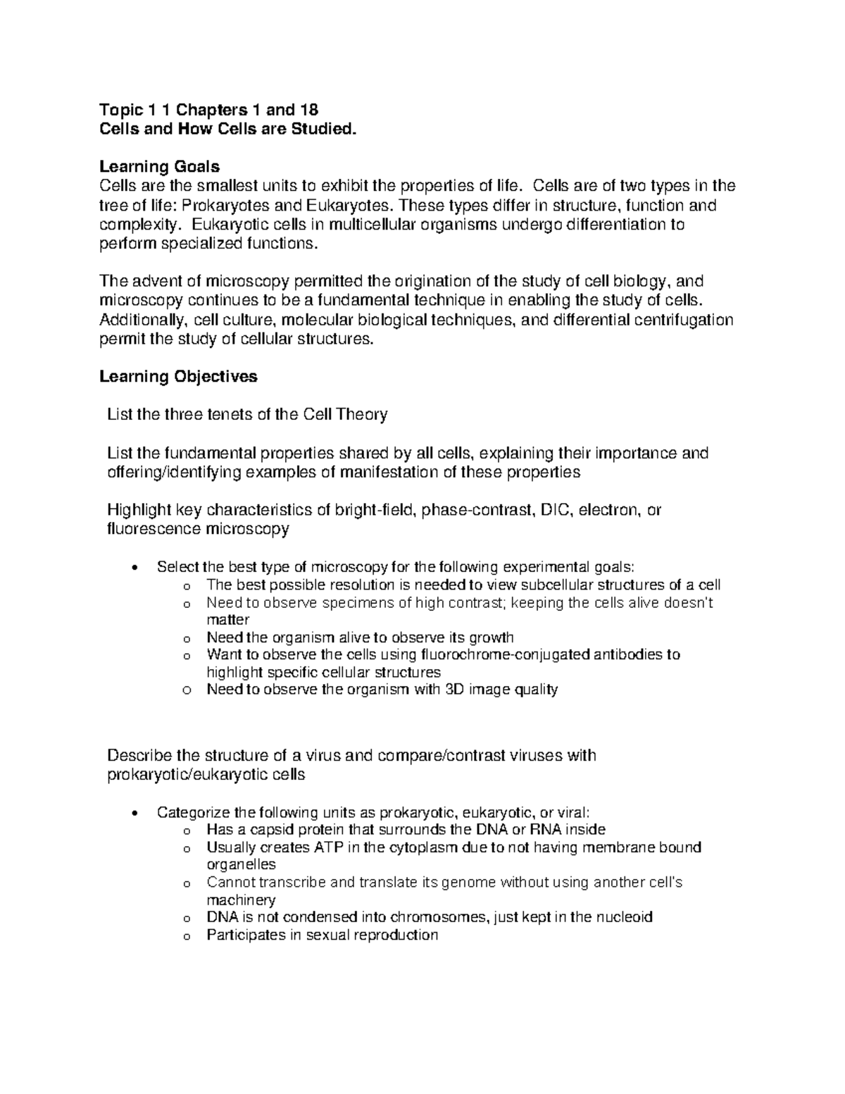 Topic 1 Cells are Studied Learning Objectives HO - Topic 1 1 Chapters 1 ...