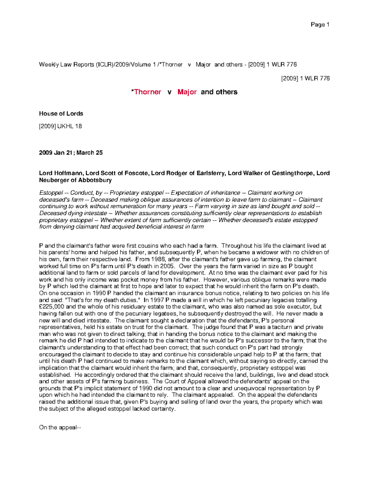 Thorner v Major and others - [2009 ] 1 WLR 7 - Law of Contract II ...