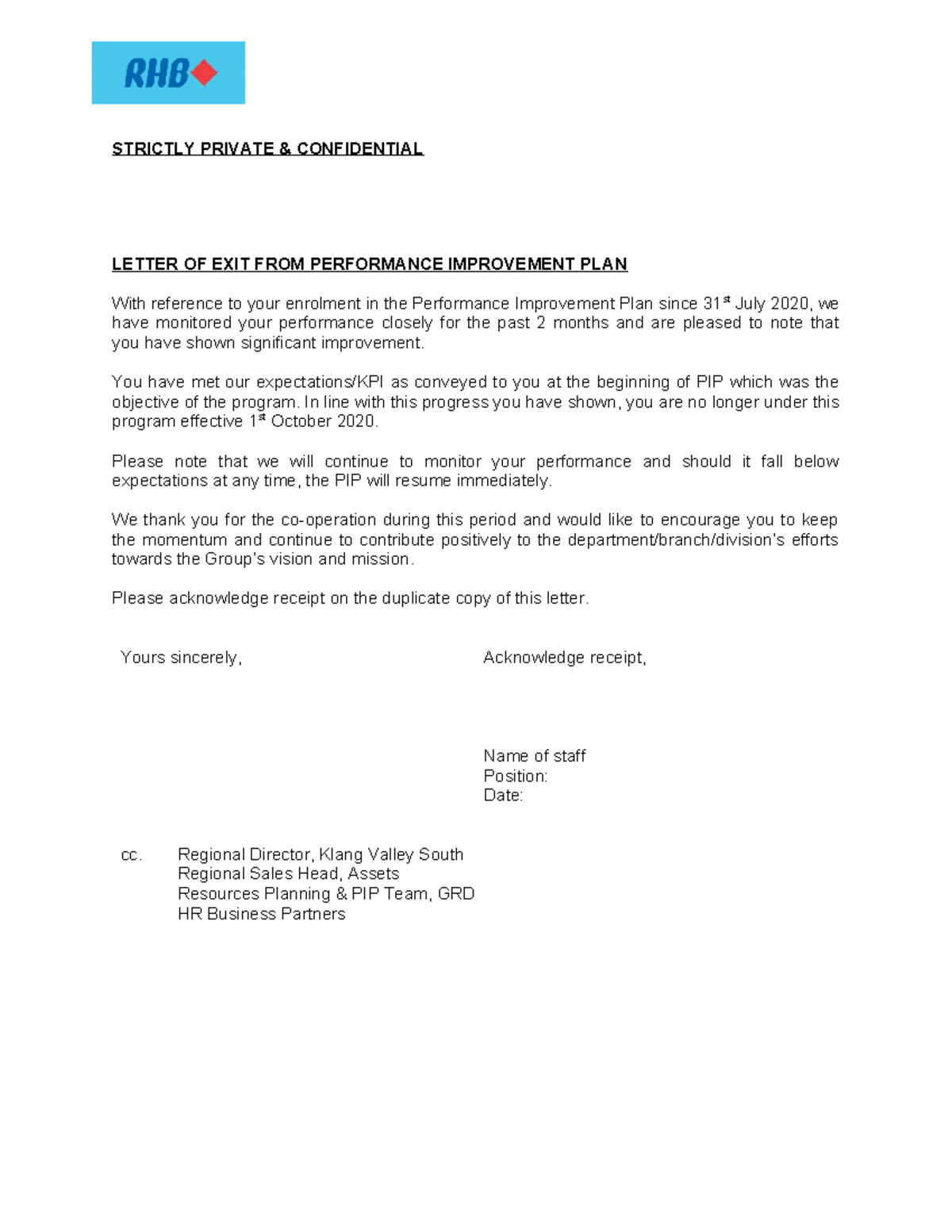 Letter OF EXIT FROM Performance Improvement PLAN - STRICTLY PRIVATE ...