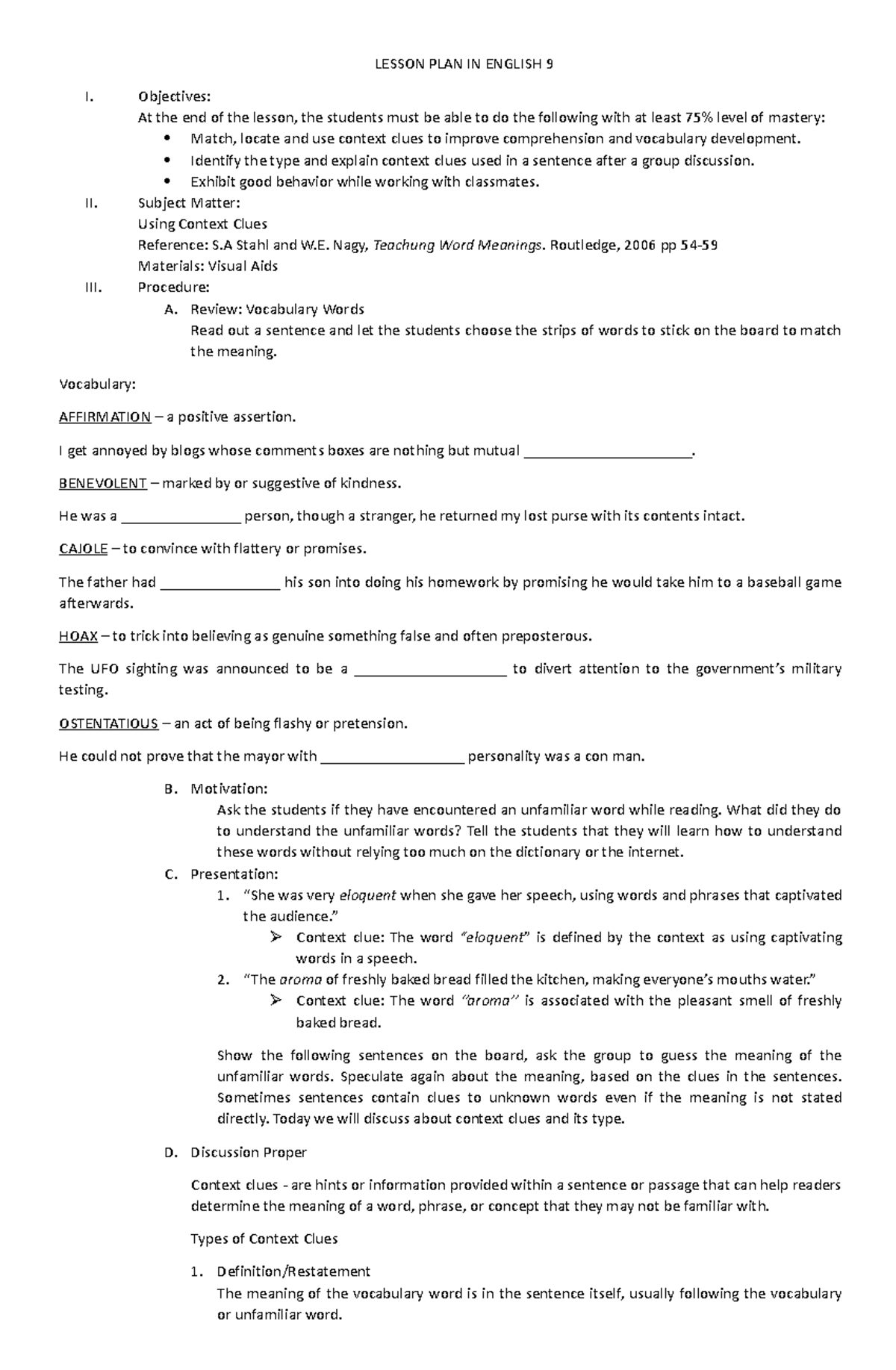 Lesson PLAN IN English 9 CO 1 - LESSON PLAN IN ENGLISH 9 I. Objectives ...