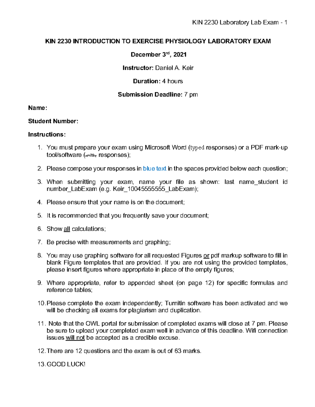 Latreille 251068888 Lab Exam - KIN 2230 INTRODUCTION TO EXERCISE PHYSIOLOGY LABORATORY EXAM ...