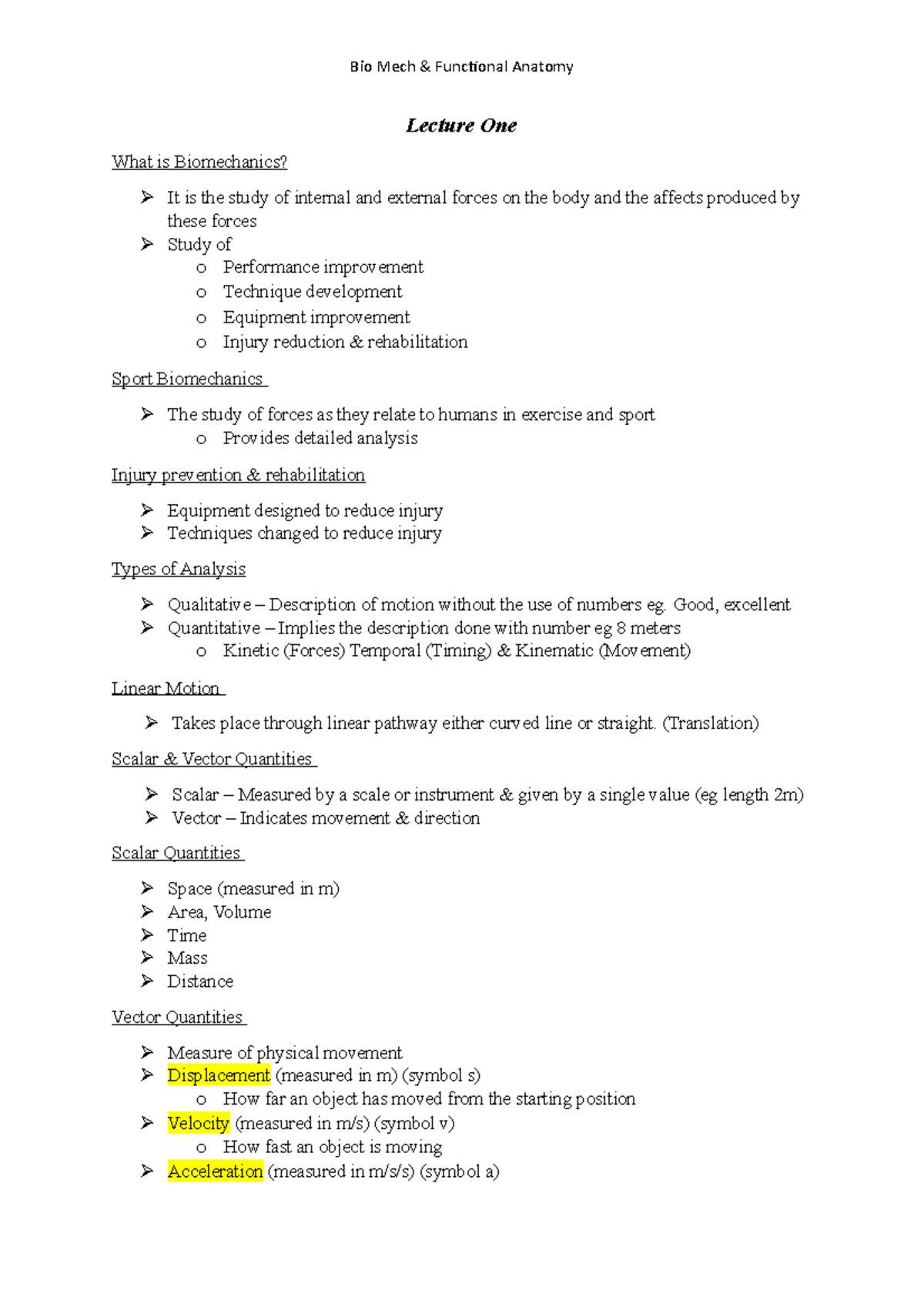 Lecture Notes - Bio Mech &amp; Functional Anatomy Lecture One What is ...