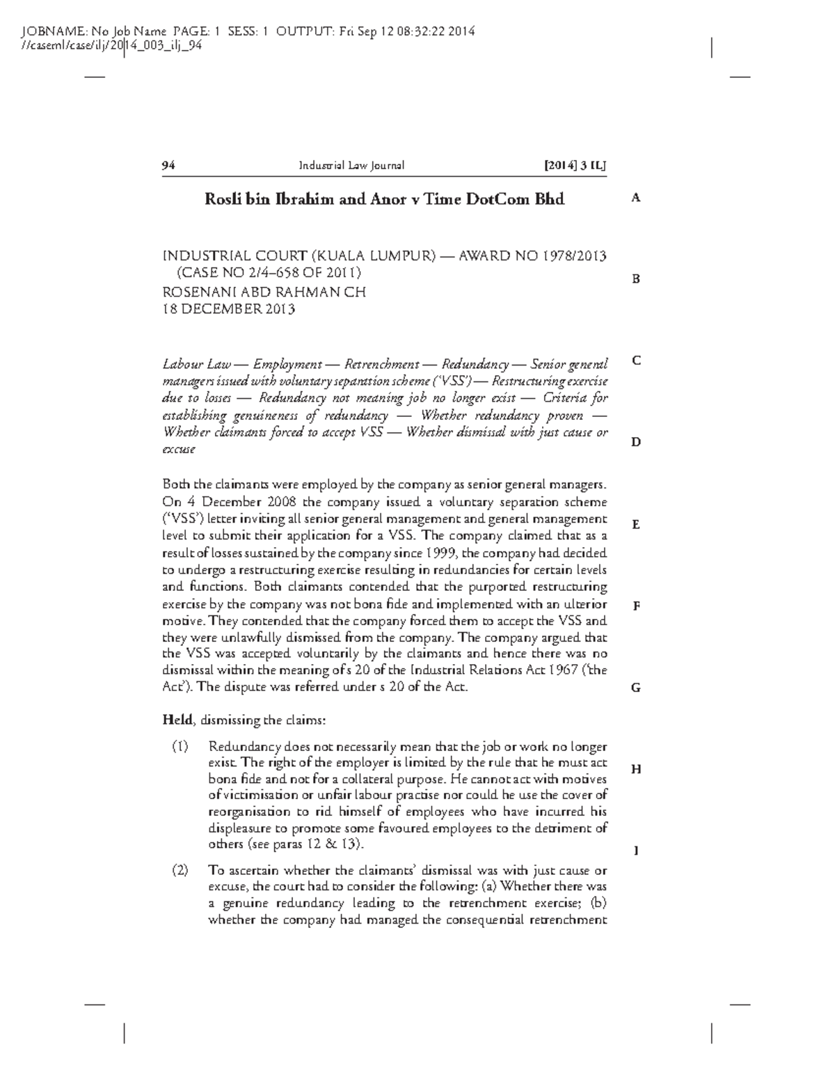 Rosli bin Ibrahim and Anor v Time Dot Com Bhd [2014 ] 3 ILJ 94 ...