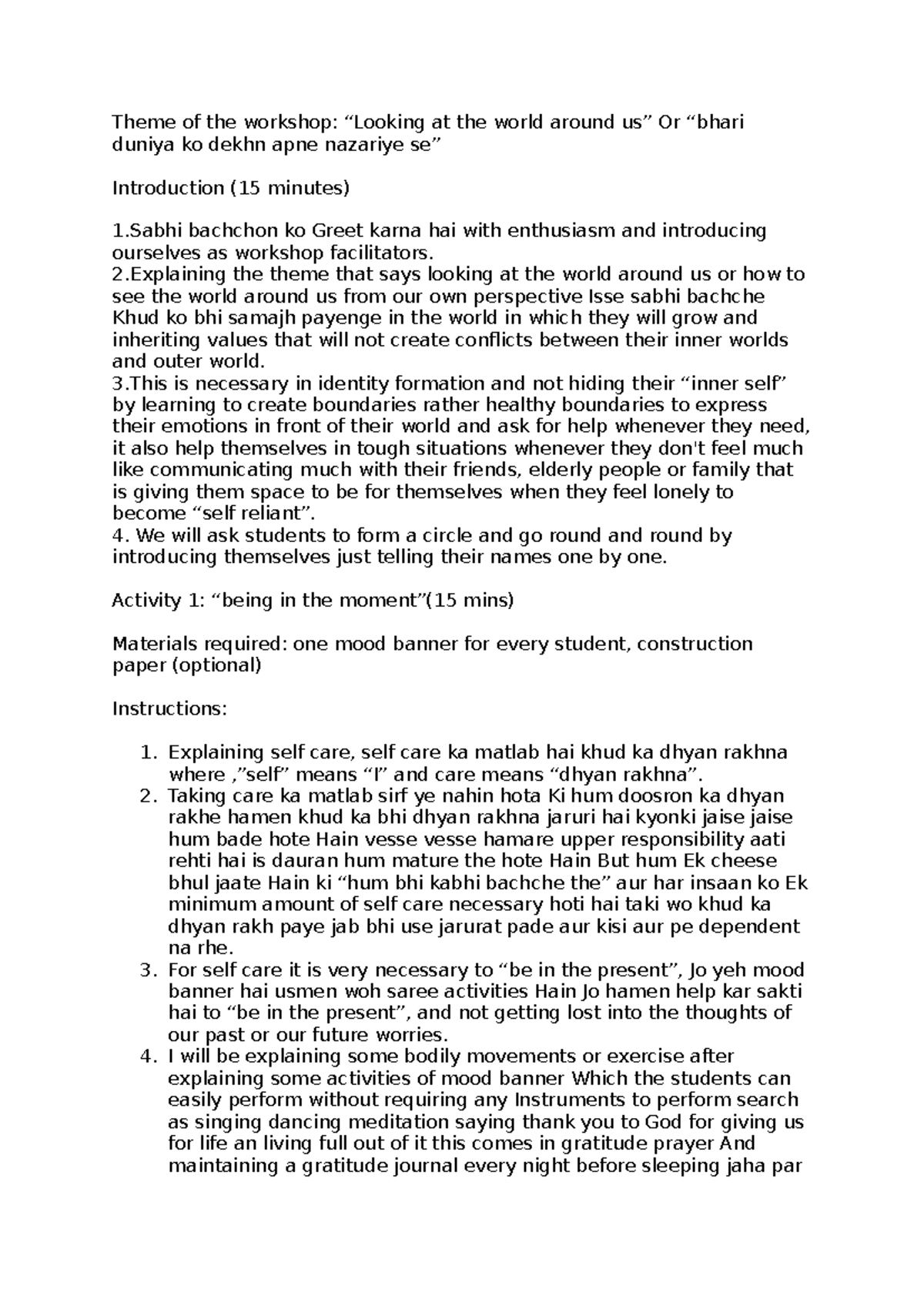 Saibal final script(age group 10-15) - Theme of the workshop: “Looking ...