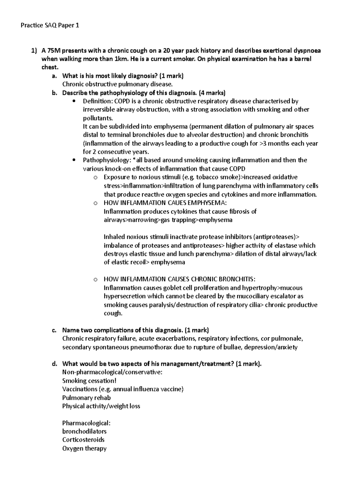 Practice SAQ 1 Answers - Practice SAQ Paper 1 A 75M presents with a ...